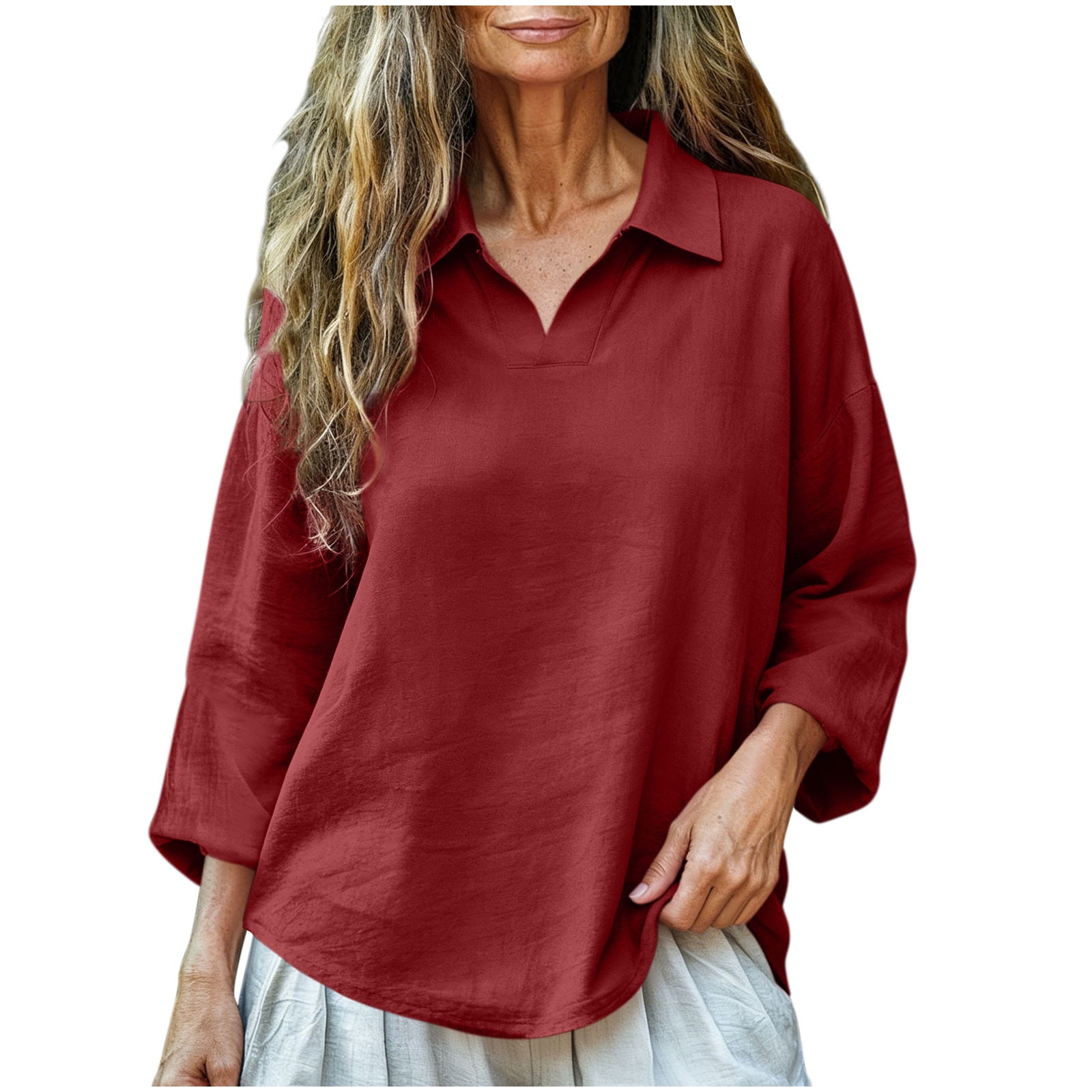 Fewfanhot Clothes for Women Basic Casual V Neck Plaid Print Cuffed Long ...