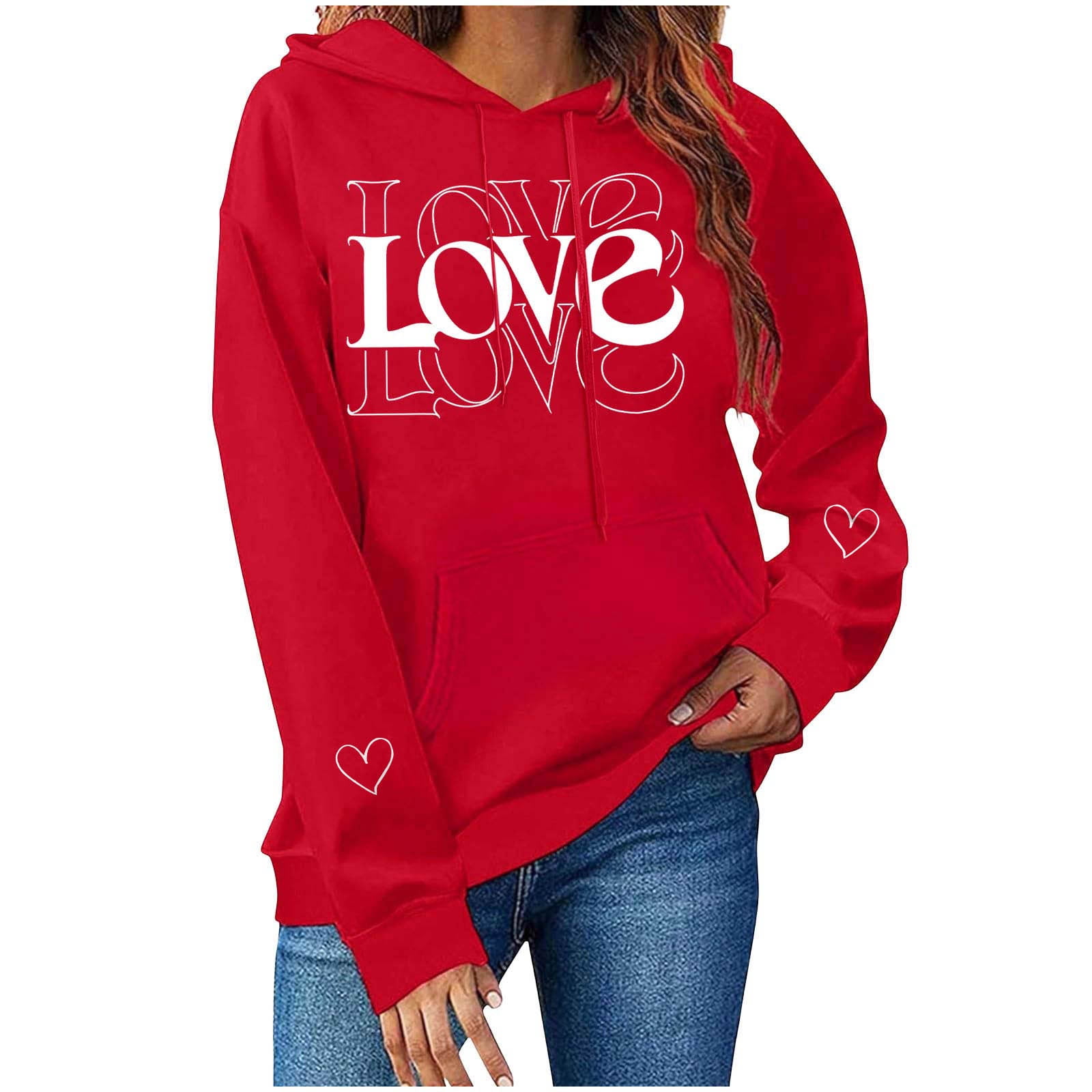 Fewfanhot Hoodies for Women Loose Valentines Day Heart Print Hoodies ...