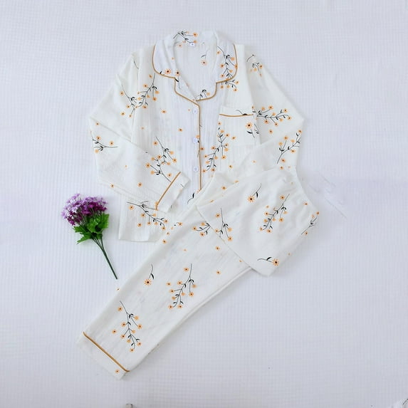 Fewfanhot Ladies' Printed Wrinkled Pajama Set, Soft 2-Piece Home ...