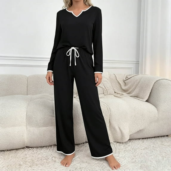 Fewfanhot Ladies' Small V-Neck Pajama Set - Long Sleeved & Long Pants ...
