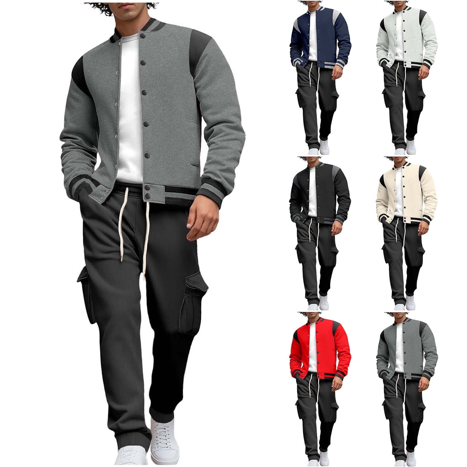 Fewfanhot Men Sweatsuits Sets Button Down Bomber Jacket Matching Cargo ...