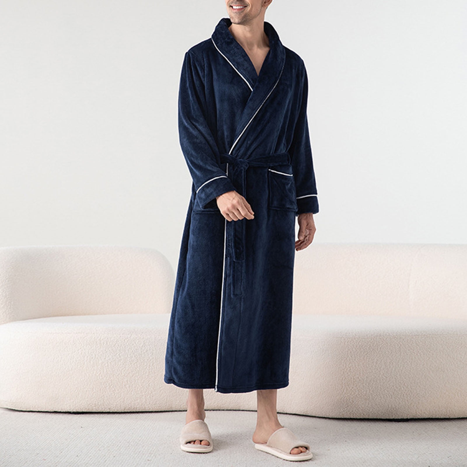 Fewfanhot Men's Full-Length Solid Color Plush Fleece Robe with Front ...