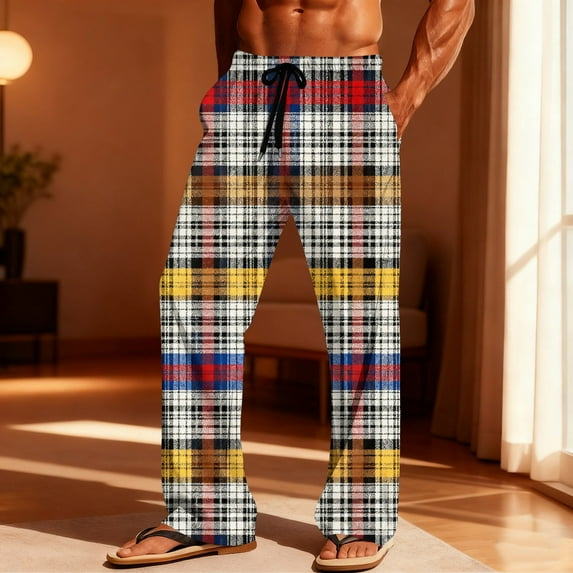 Fewfanhot Men's Plaid Print Pajama Pants - Loose Straight Vintage ...