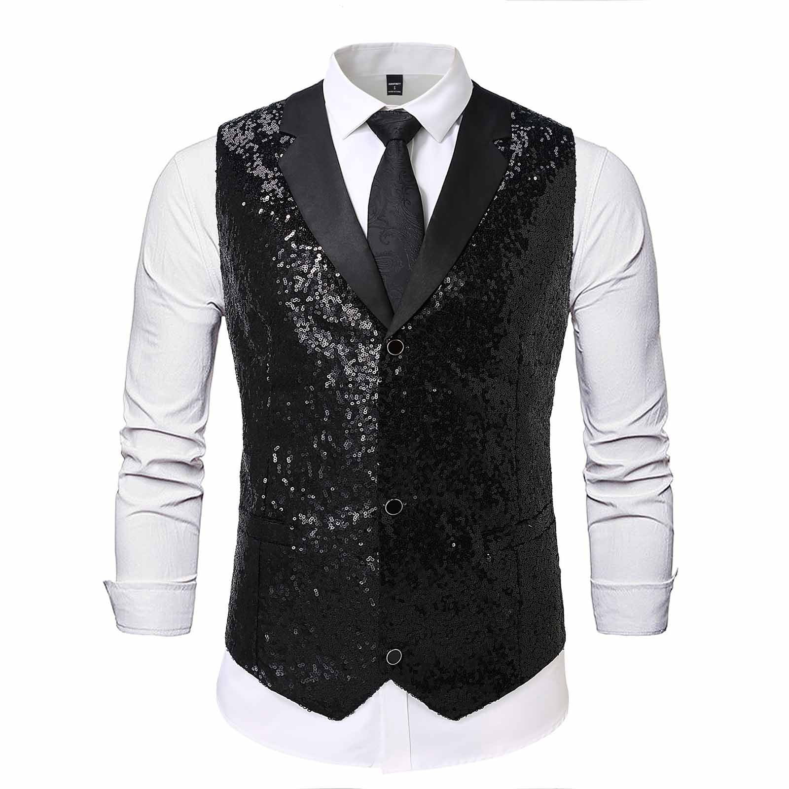 Fewfanhot Men's Sequin V-Neck Vest Formal Sleeveless Top for Stage ...