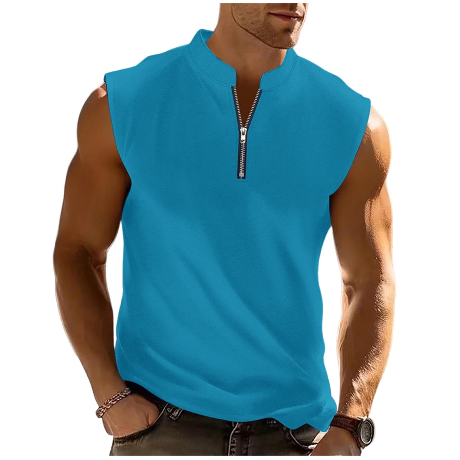 Fewfanhot Men's Solid Color Stand Collar Zip Front Athletic Top, Summer ...