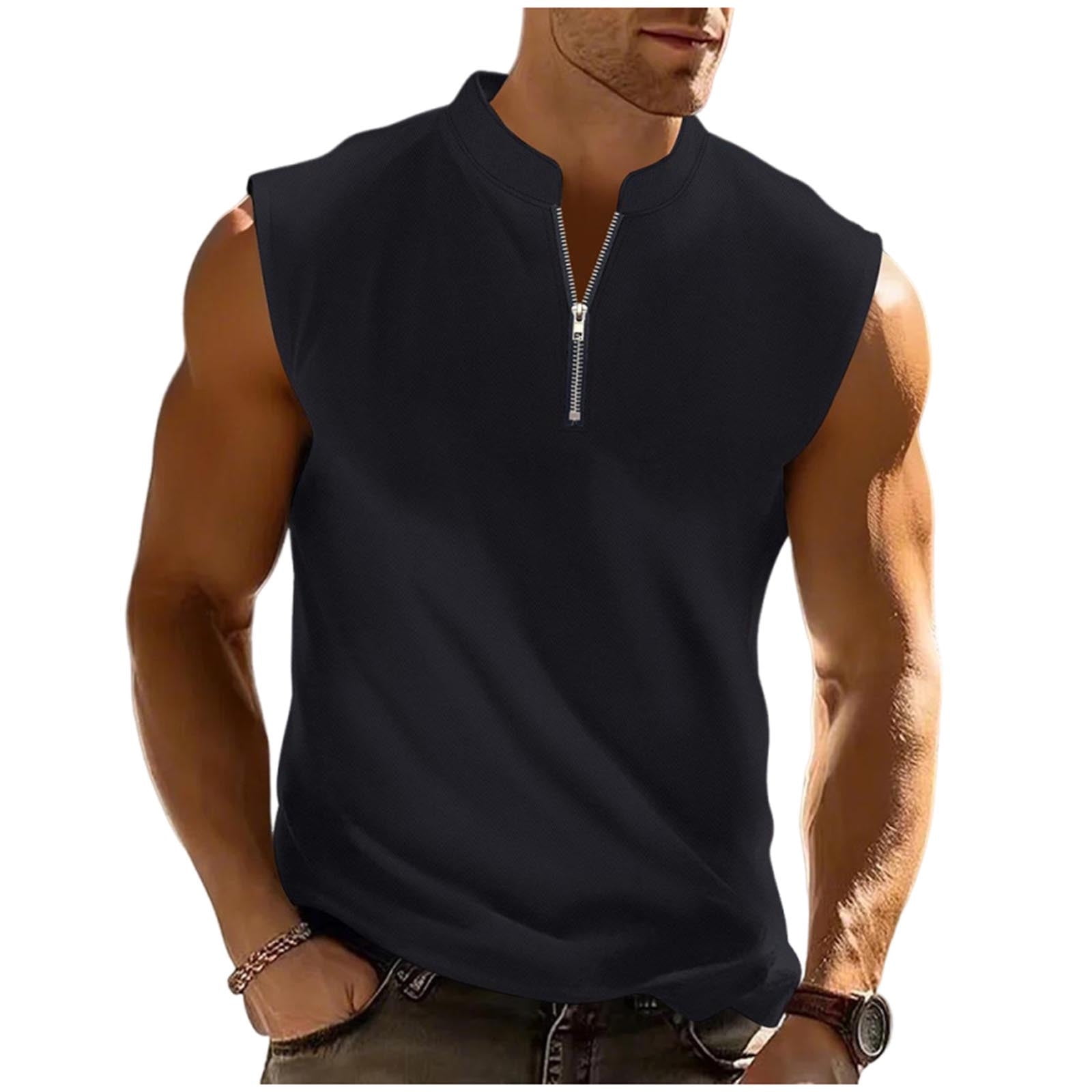 Fewfanhot Men's Solid Color Stand Collar Zip Front Athletic Top, Summer ...