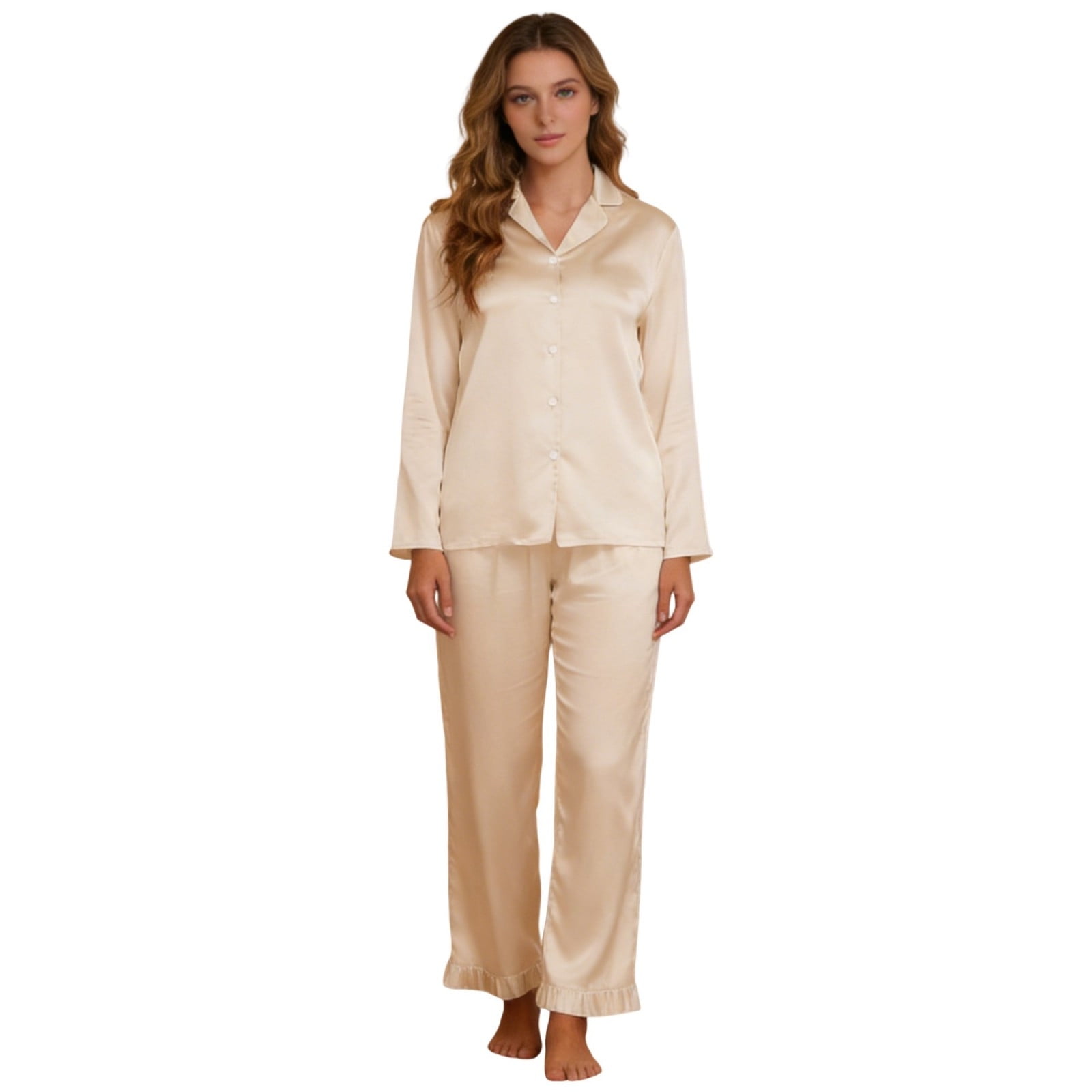 Fewfanhot Pjs Sets for Women Silk Satin Long Sleepwear Button Down 2 ...