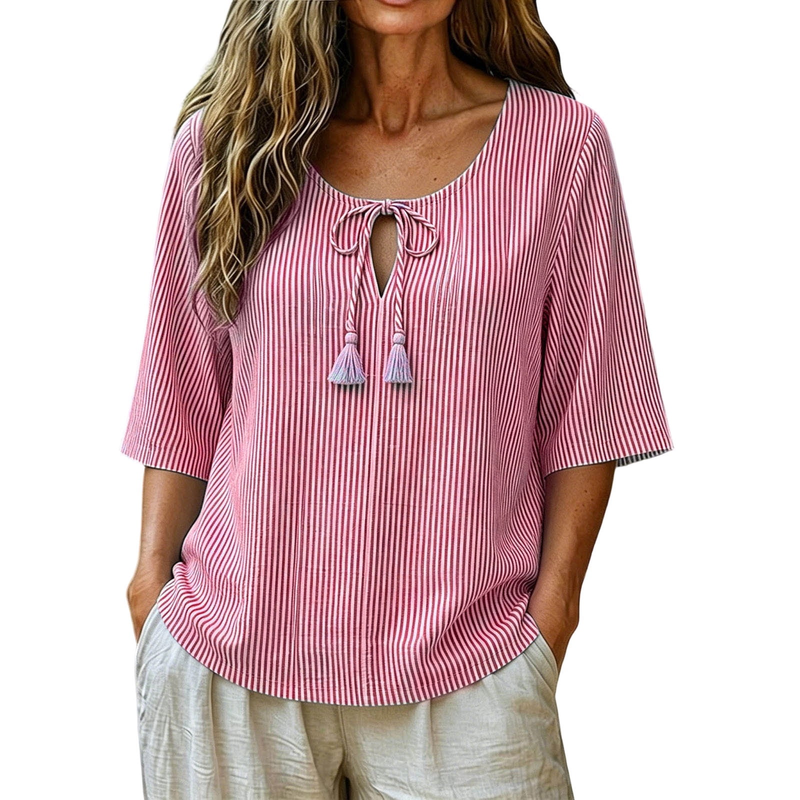 Fewfanhot Tops for Women Summer Striped Crewneck 3/4 Tie Sleeve Tops ...