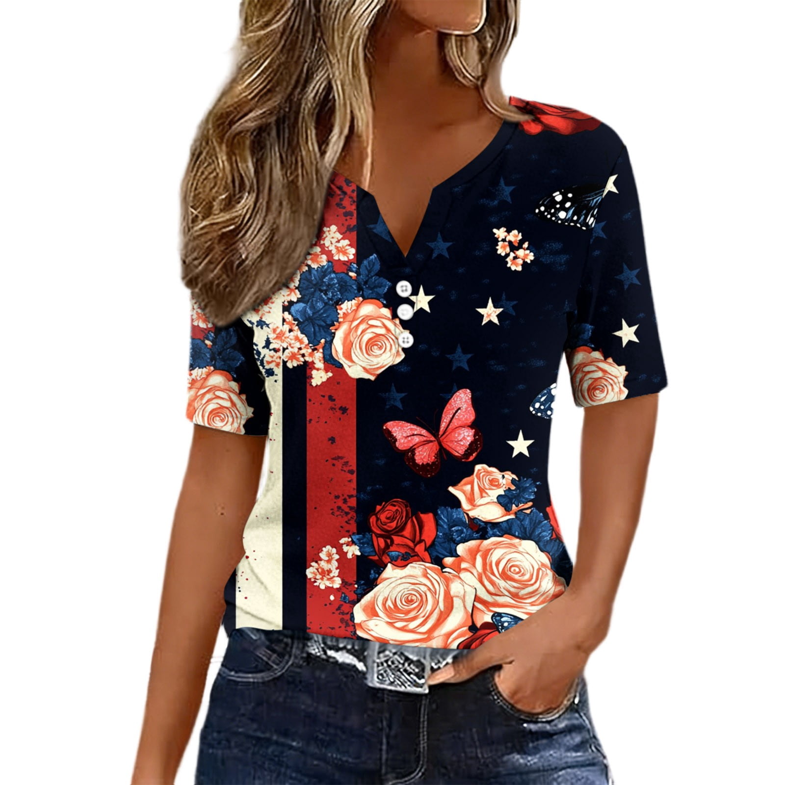 Fewfanhot Women's Clothing 4Th of July Henley V Neck Independence Day ...