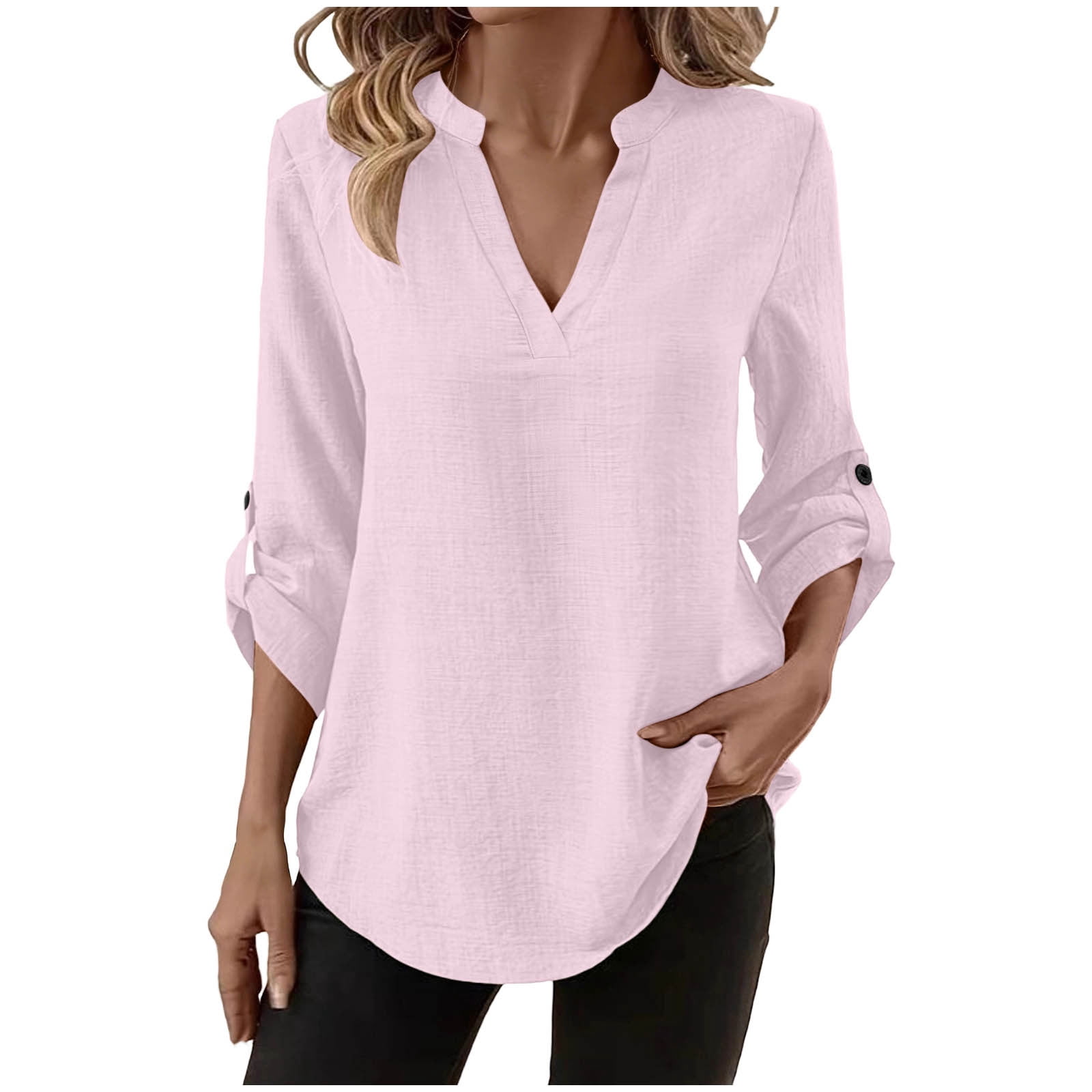 Fewfanhot Women's Clothing Roll Up Long Sleeve Tops V Neck Shirts ...