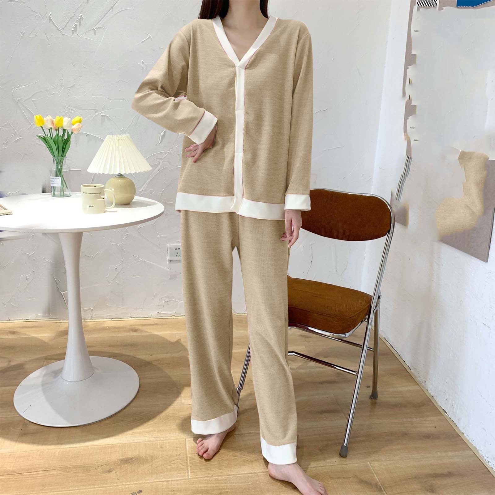 Fewfanhot Women's Fashion Sleepwear Set V-Neck Long Sleeve Zipper Front ...