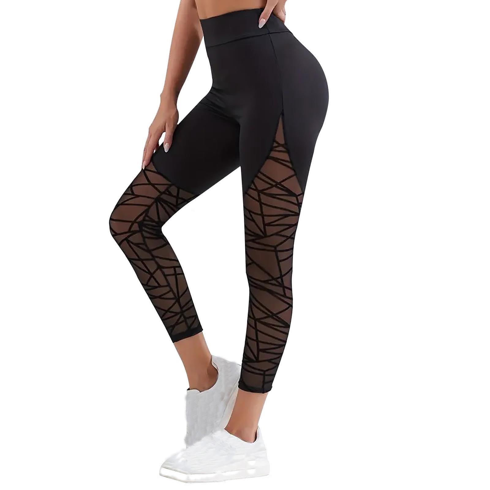 Fewfanhot Women's High-Waisted Black Mesh Panel Leggings, Stretchy ...