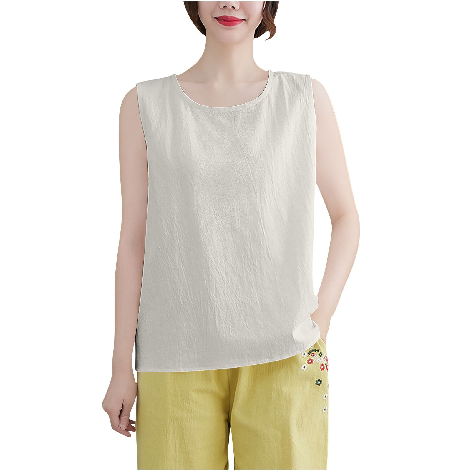 Fewfanhot Women's Loose Solid Color Sleeveless Top Soft Draping Round ...