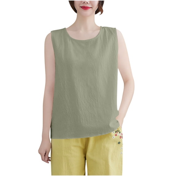 Fewfanhot Women's Loose Solid Color Sleeveless Top Soft Draping Round ...