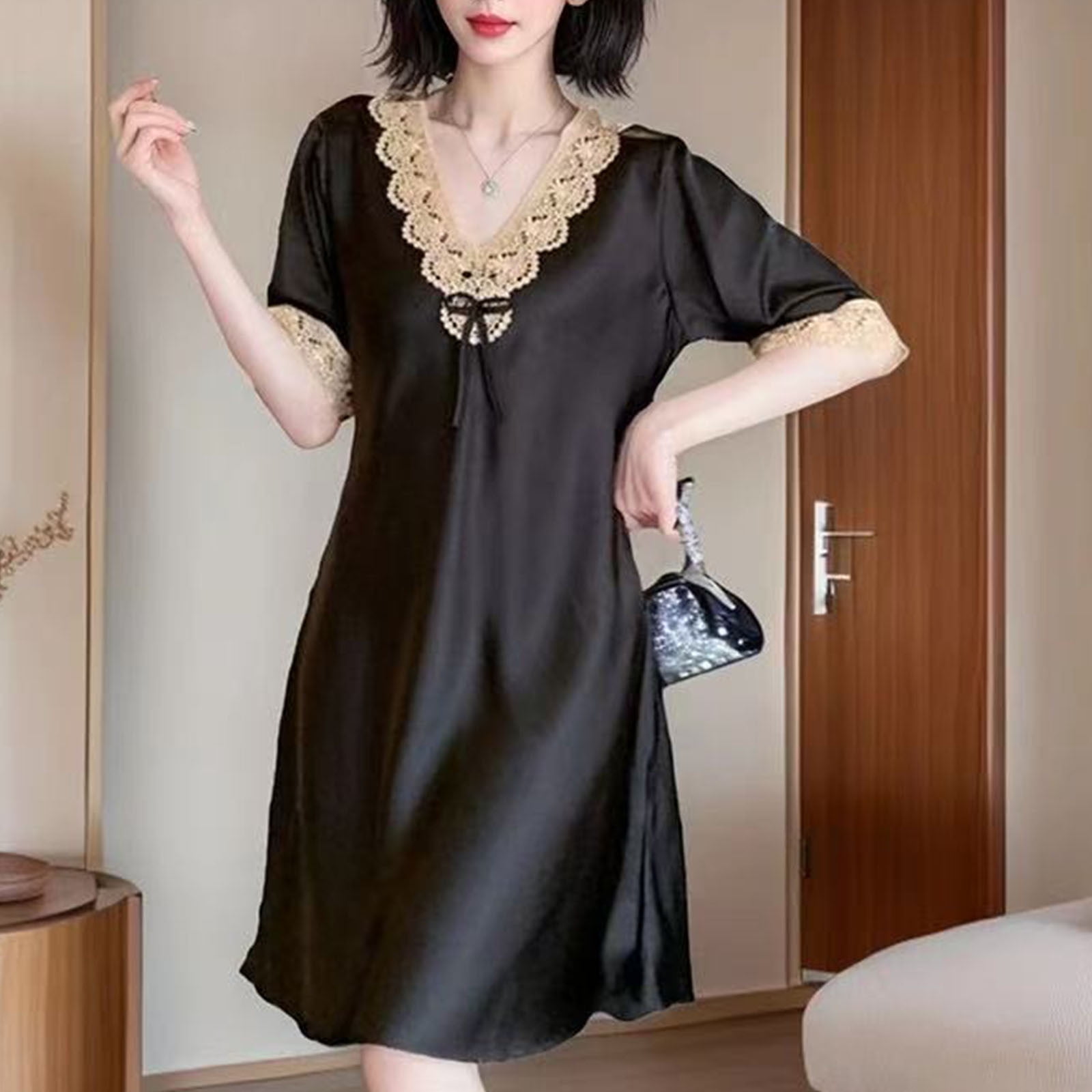 Fewfanhot Women's Solid Color Mid-Length Nightgown - Round Neck ...