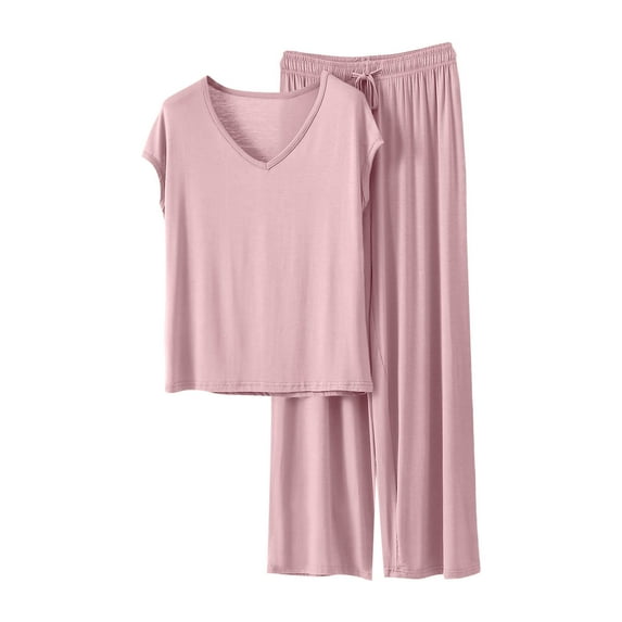 Fewfanhot Women's Solid Color Modal Sleepwear Set, V-Neck Short Sleeve ...