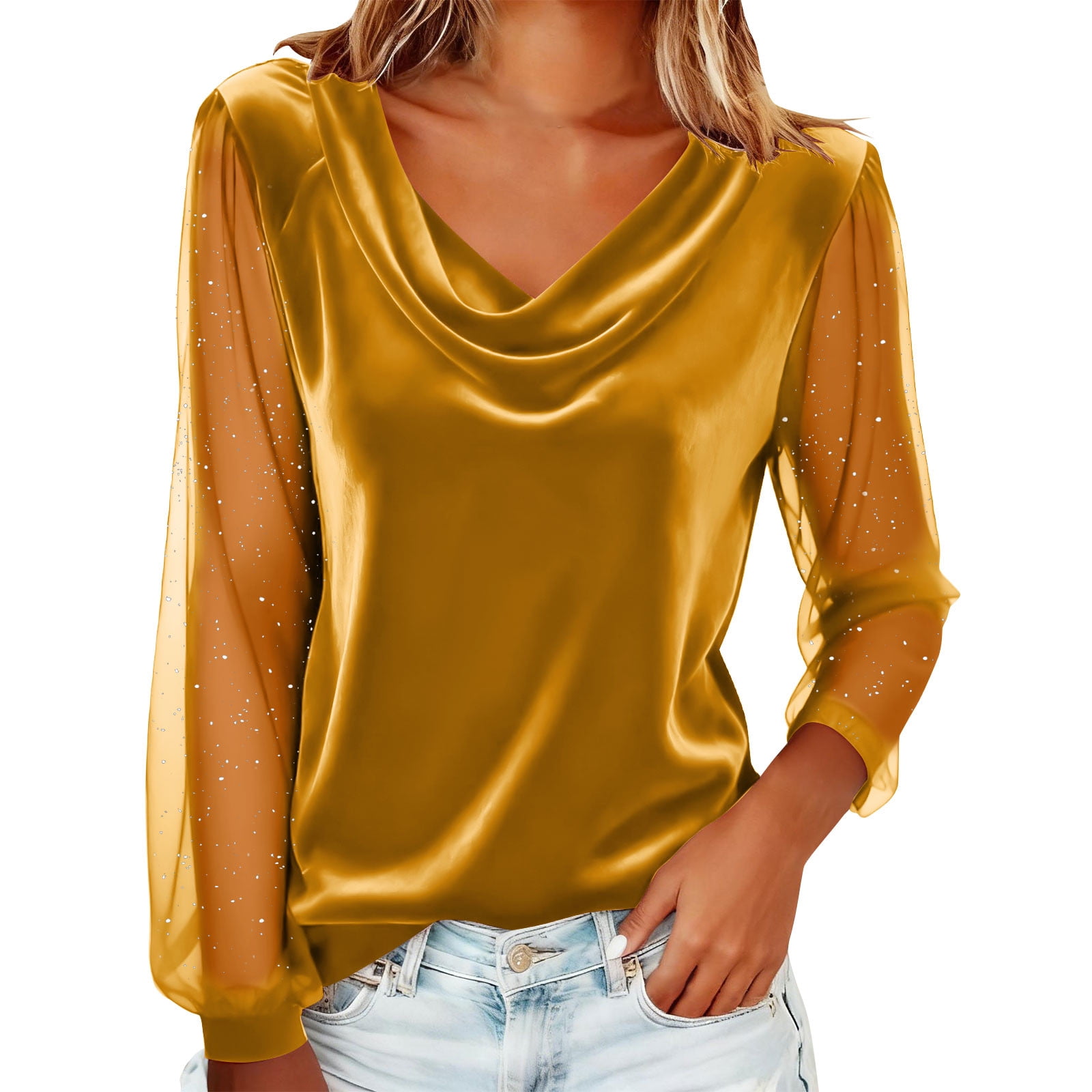 Fewfanhot Women's Tops Solid Color Elegant Metallic Velvet Mesh ...