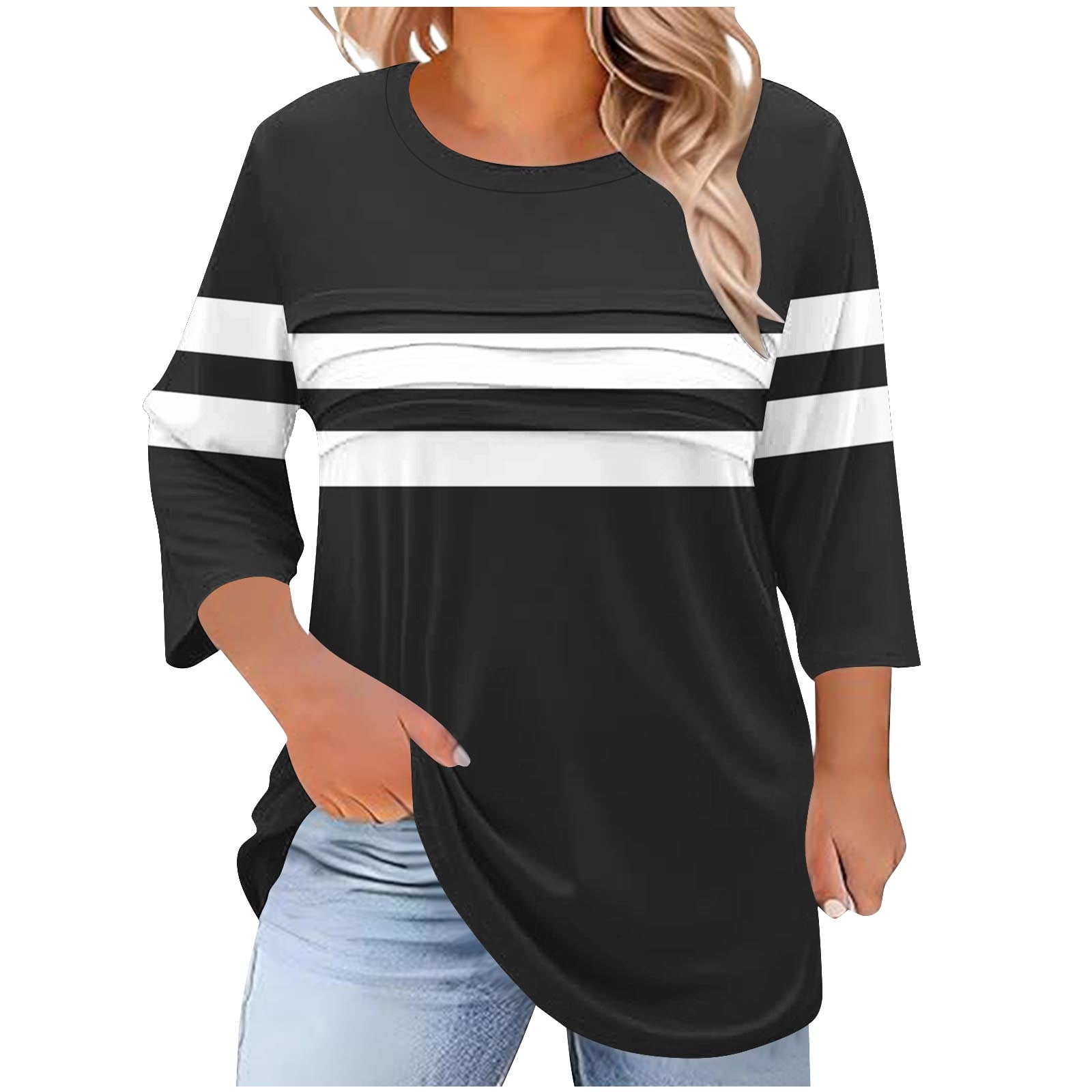 Fewfanhot Women's Tops, Tees & Blouses Crewneck Color Block Trendy ...