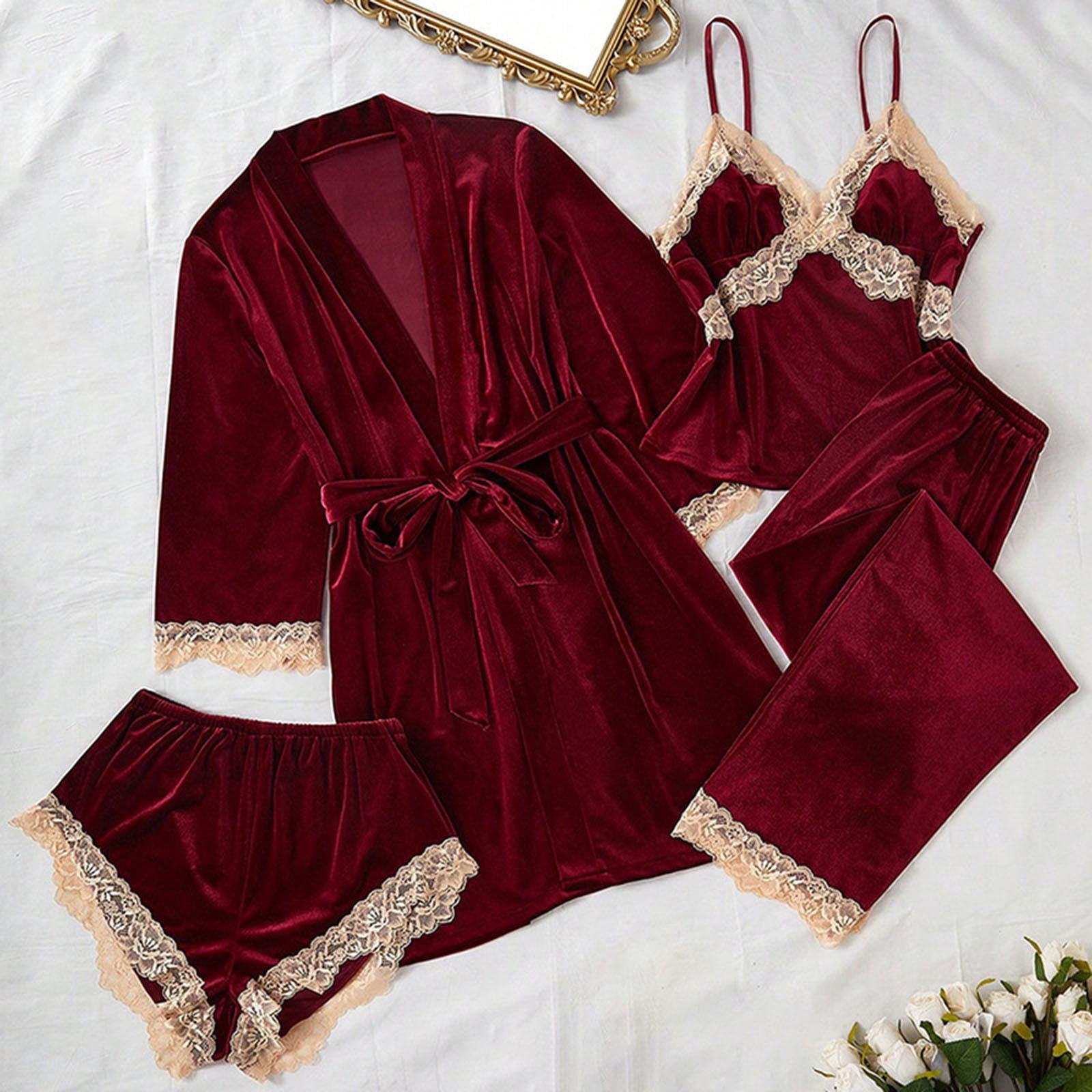 Fewfanhot Women's Velvet Lace Pajama Set, Solid Color Fashion Four ...