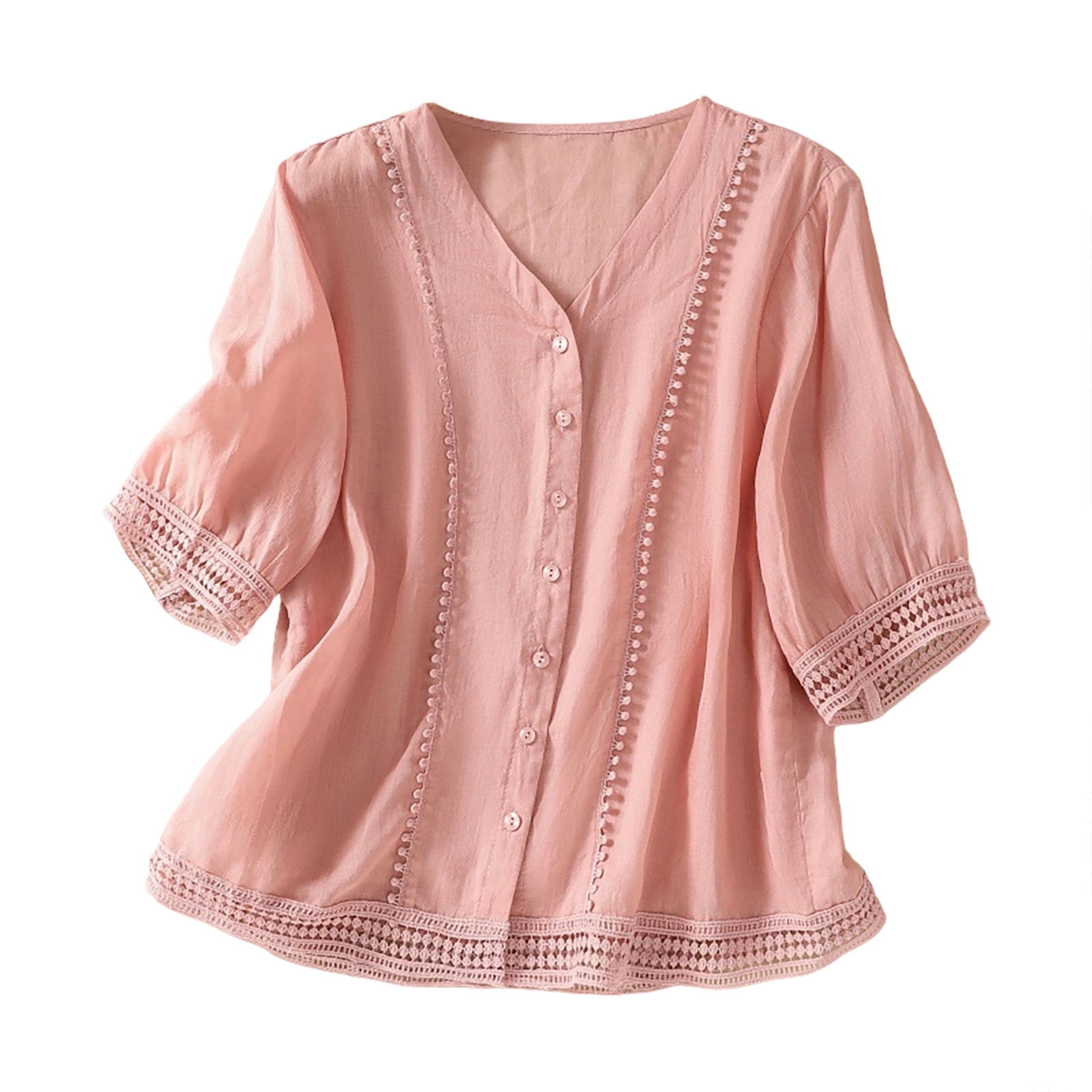 Fewfanhot Womens Blouses Solid Color Like Linen Lace Stitching Buttons ...