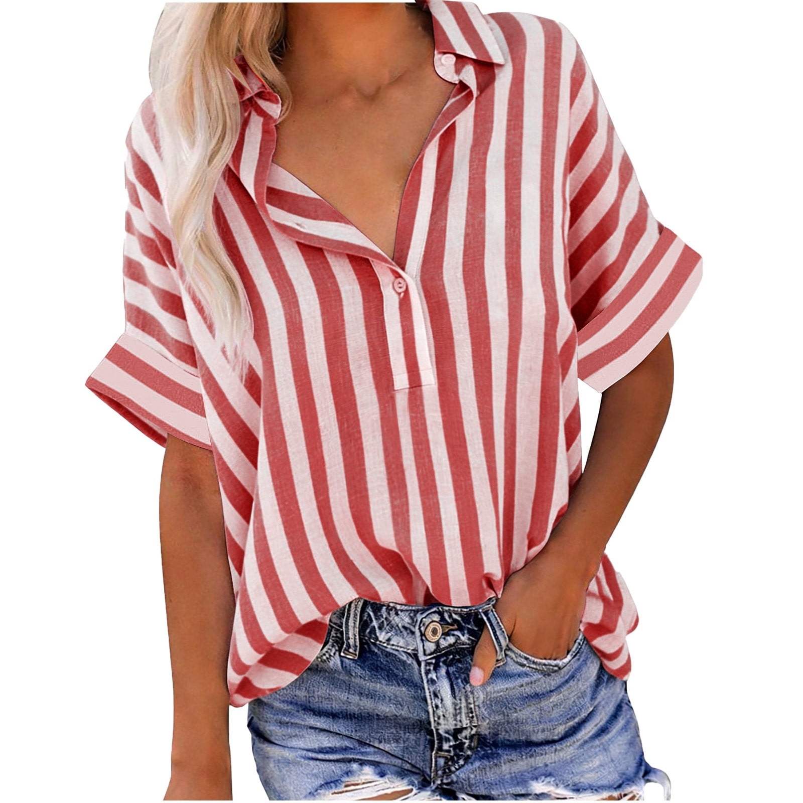 Fewfanhot Womens Fashion Short Sleeve Striped Blouses Top V Neck Loose ...