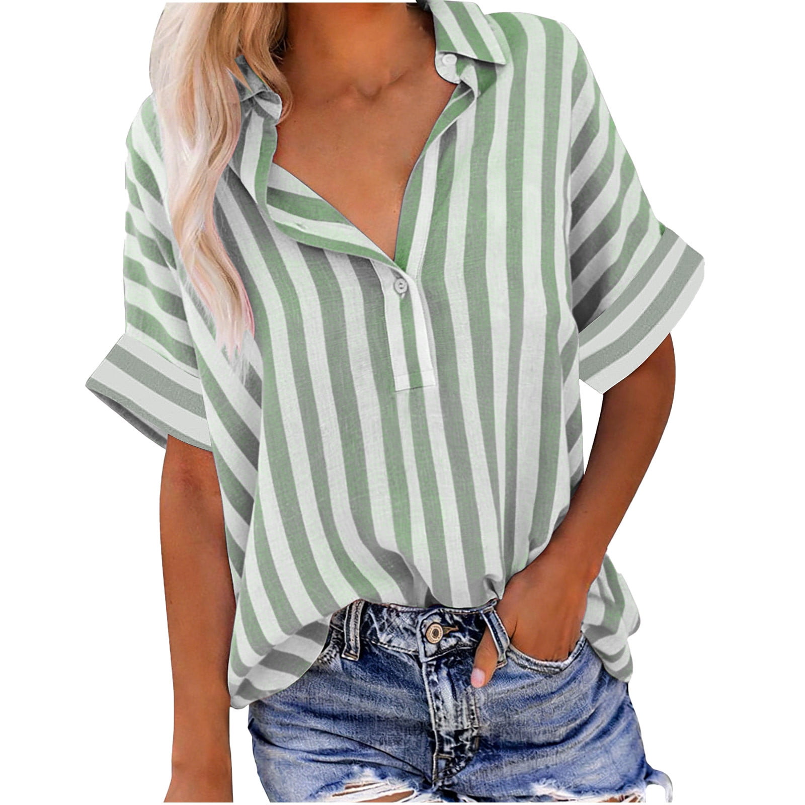 Fewfanhot Womens Fashion Short Sleeve Striped Blouses Top V Neck Loose ...