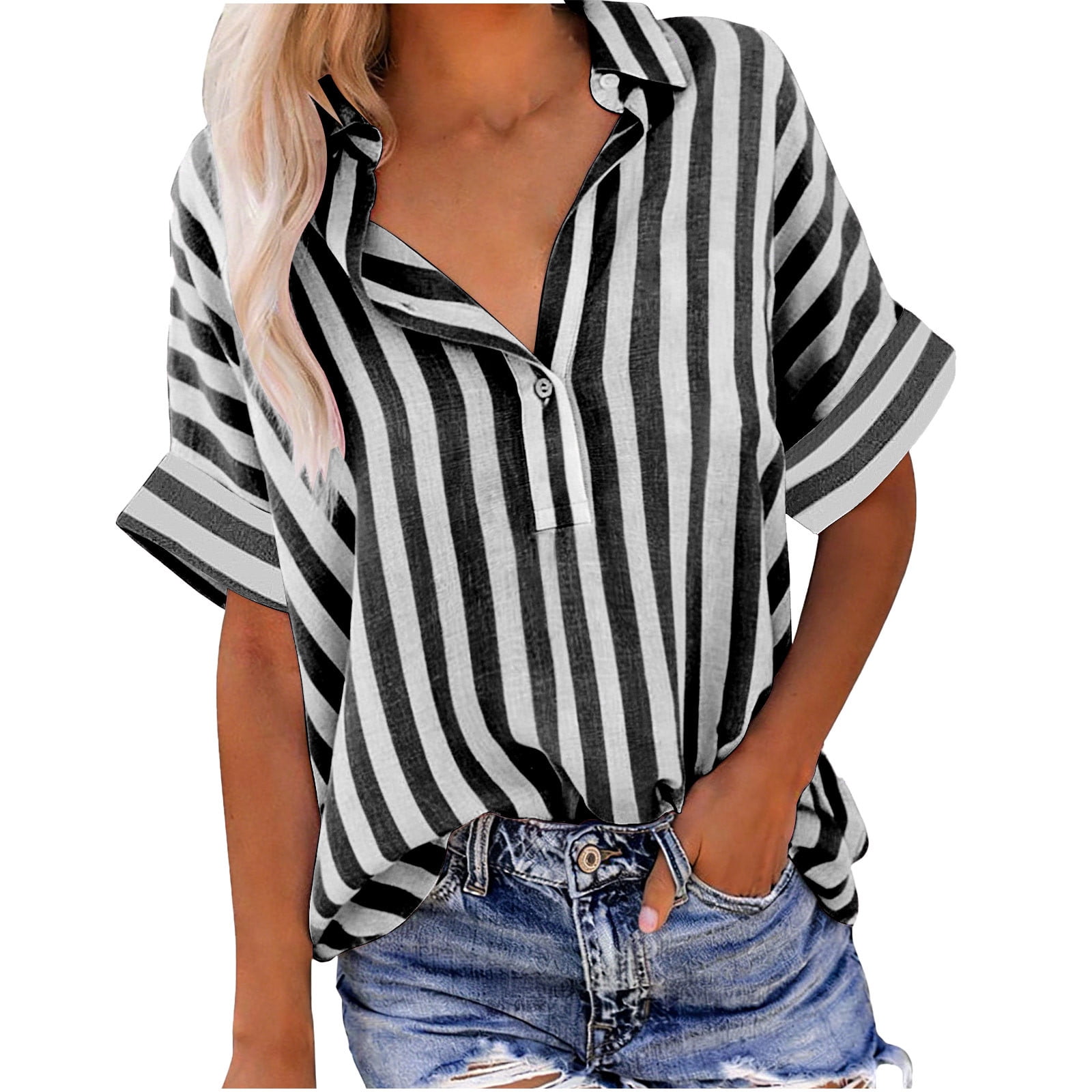 Fewfanhot Womens Fashion Short Sleeve Striped Blouses Top V Neck Loose ...