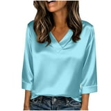 Fewfanhot Womens Fashion Silk Satin Tops Cap Three-Quarter Sleeve ...