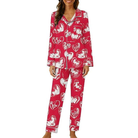 Fewfanhot Womens Pajamas Set Cute Heart Silk Satin Pajamas Set Button ...