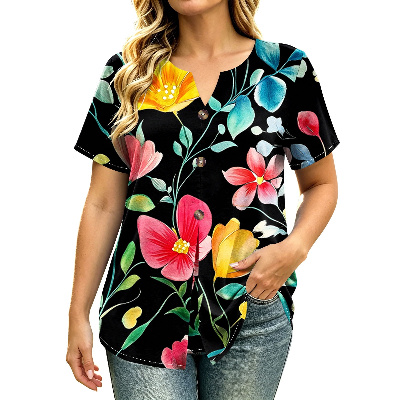 Fewfanhot Womens Tops Button Down Shirts Short Cap Sleeve Summer V Neck ...