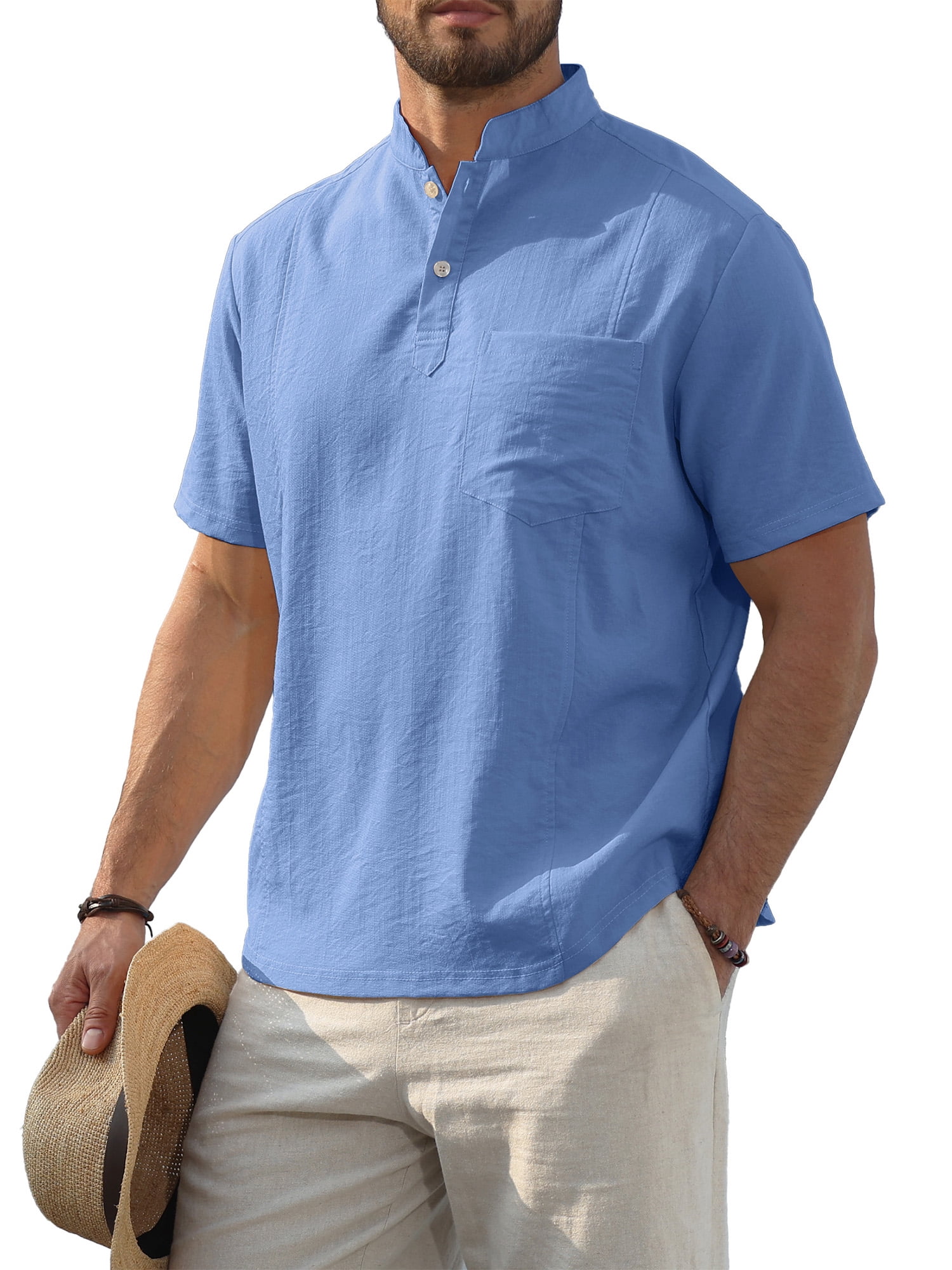 Fexilor Men's Short Sleeve Button Henley Shirts, Stand Collar Casual ...