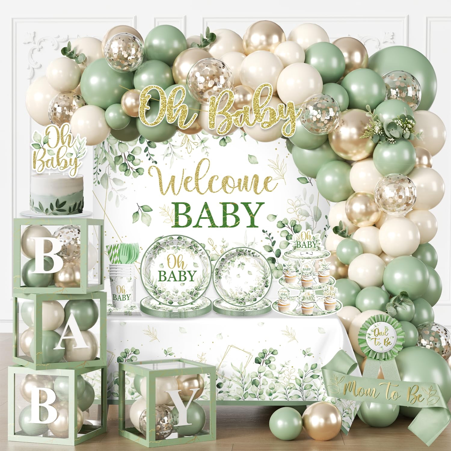 Fexivo 286 Pcs Sage Green Baby Shower Decorations Set-Serves 25 Guests ...