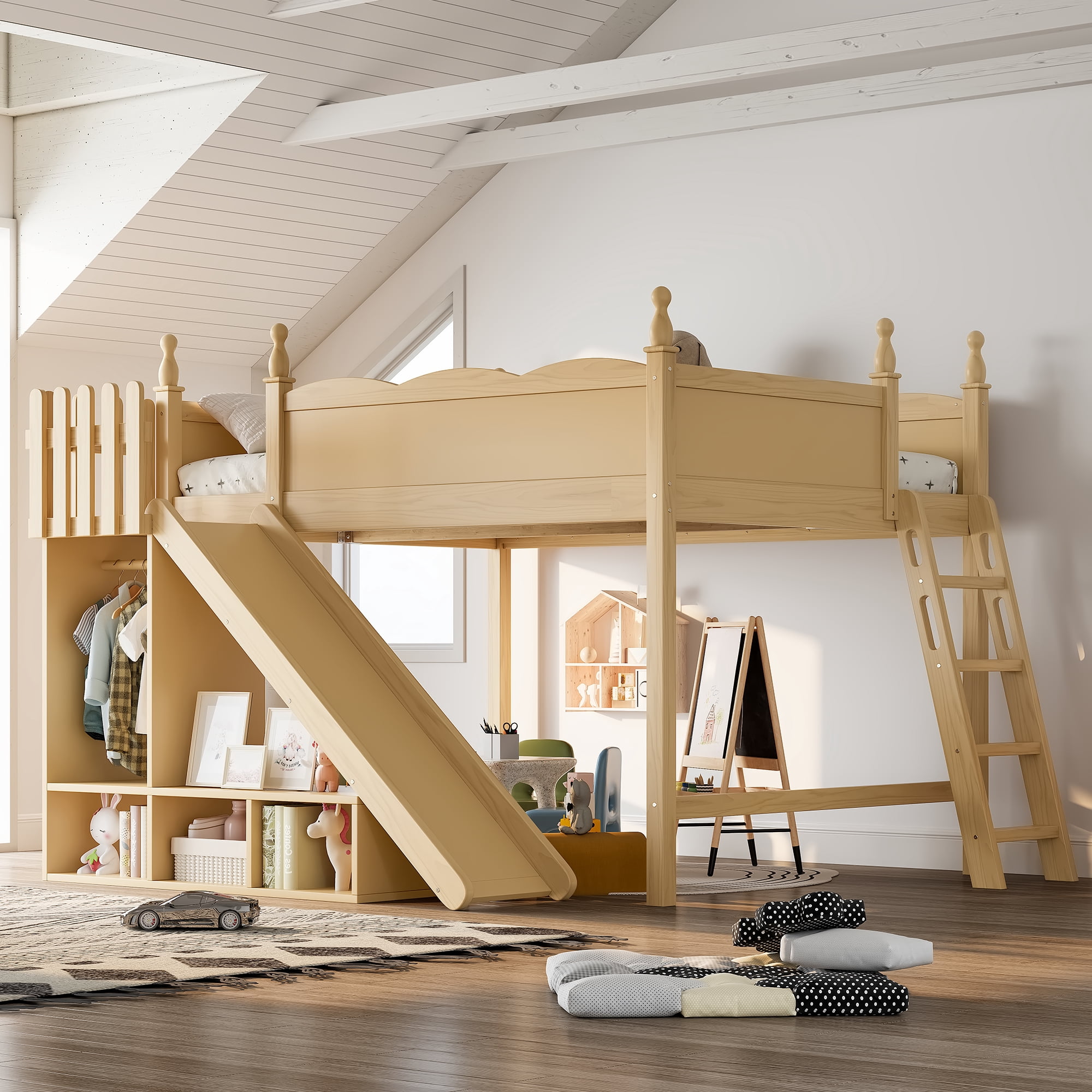 Ffz Queen Loft Bed With Storage Shelves And Wardrobe, Solid Wood Loft ...