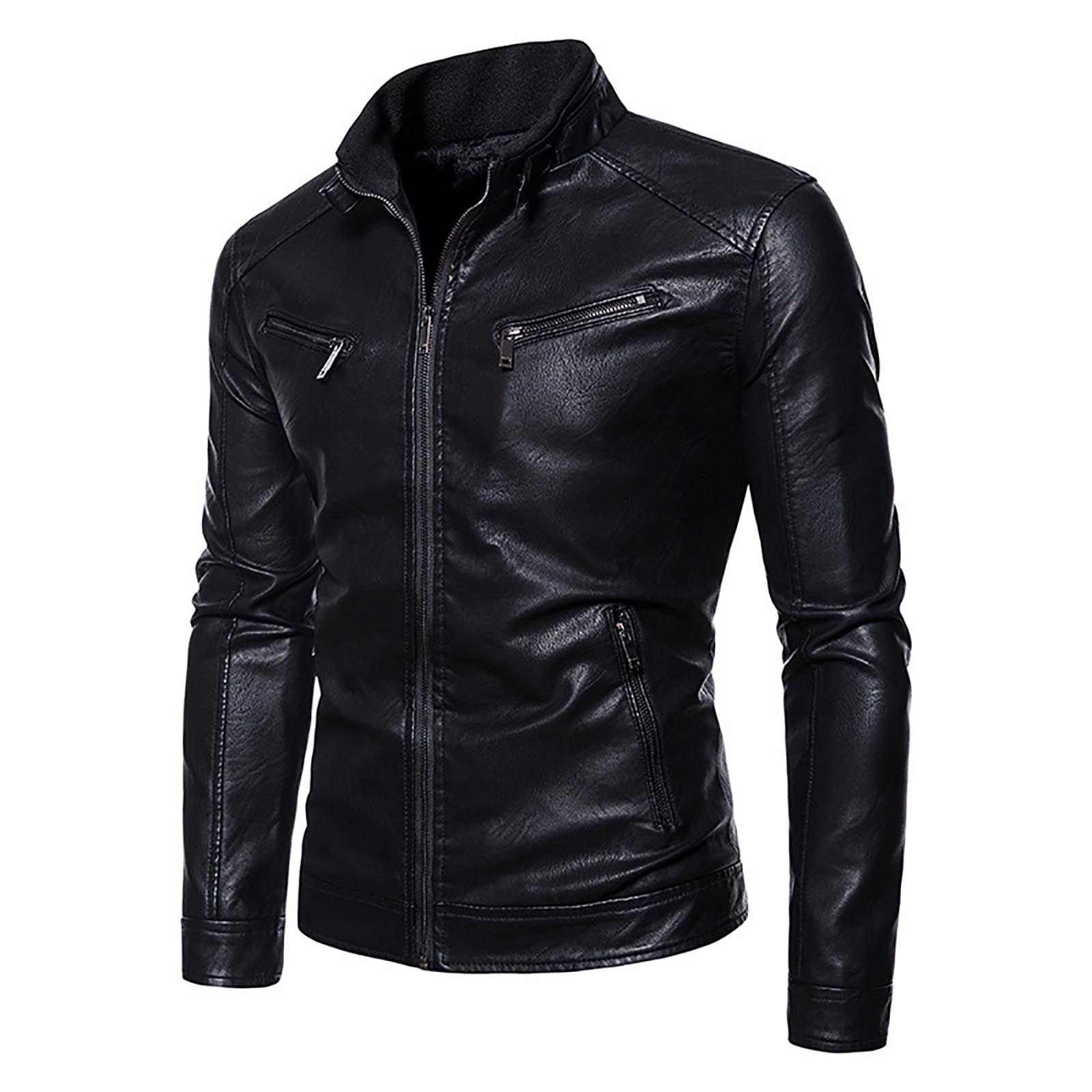 Fgnfyis Leather Coat Men Stand up Collar Lightweight Leather Motorcycle ...