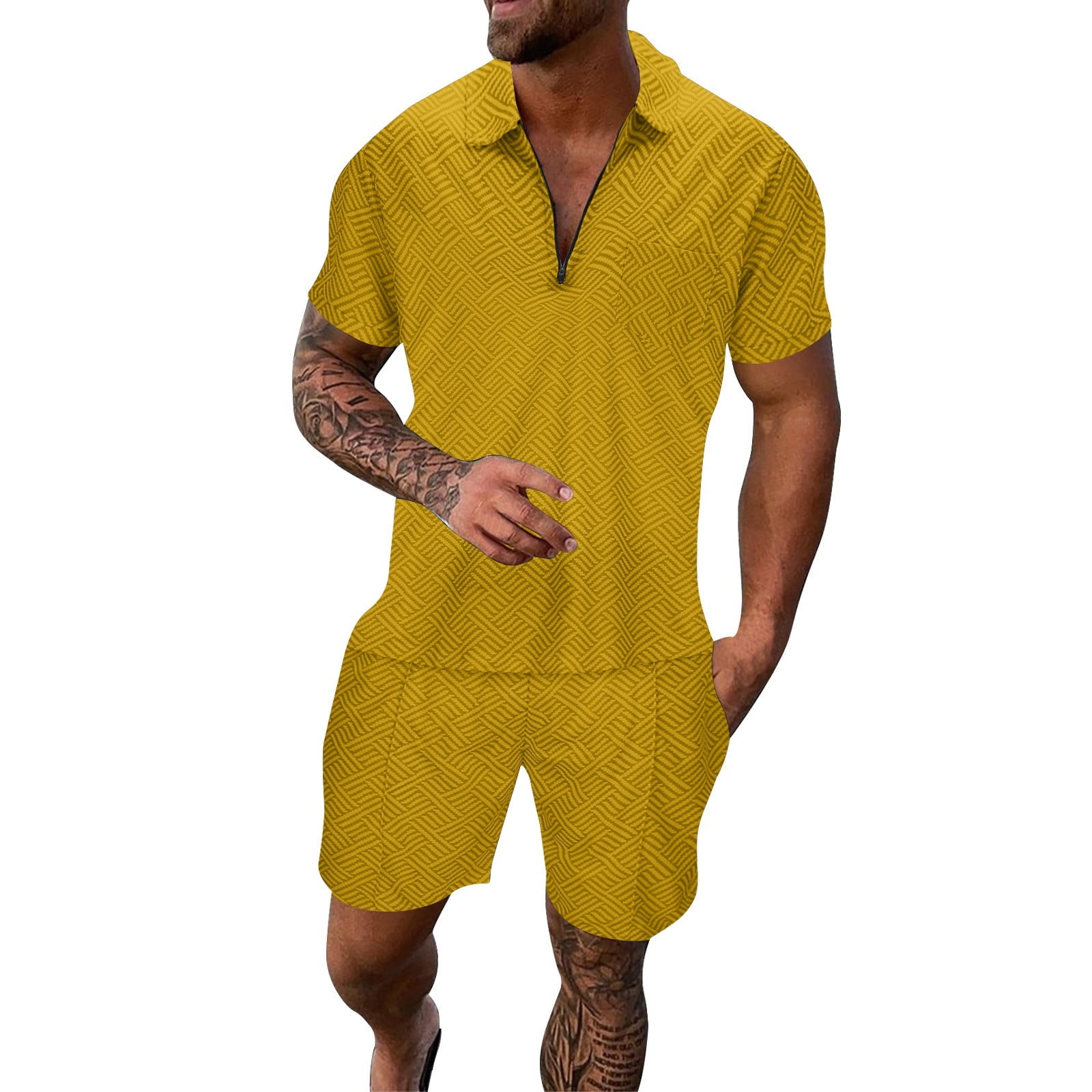 Fgnfyis Male Casual Striped Print Two Piece Suit Zipper Short Sleeve ...