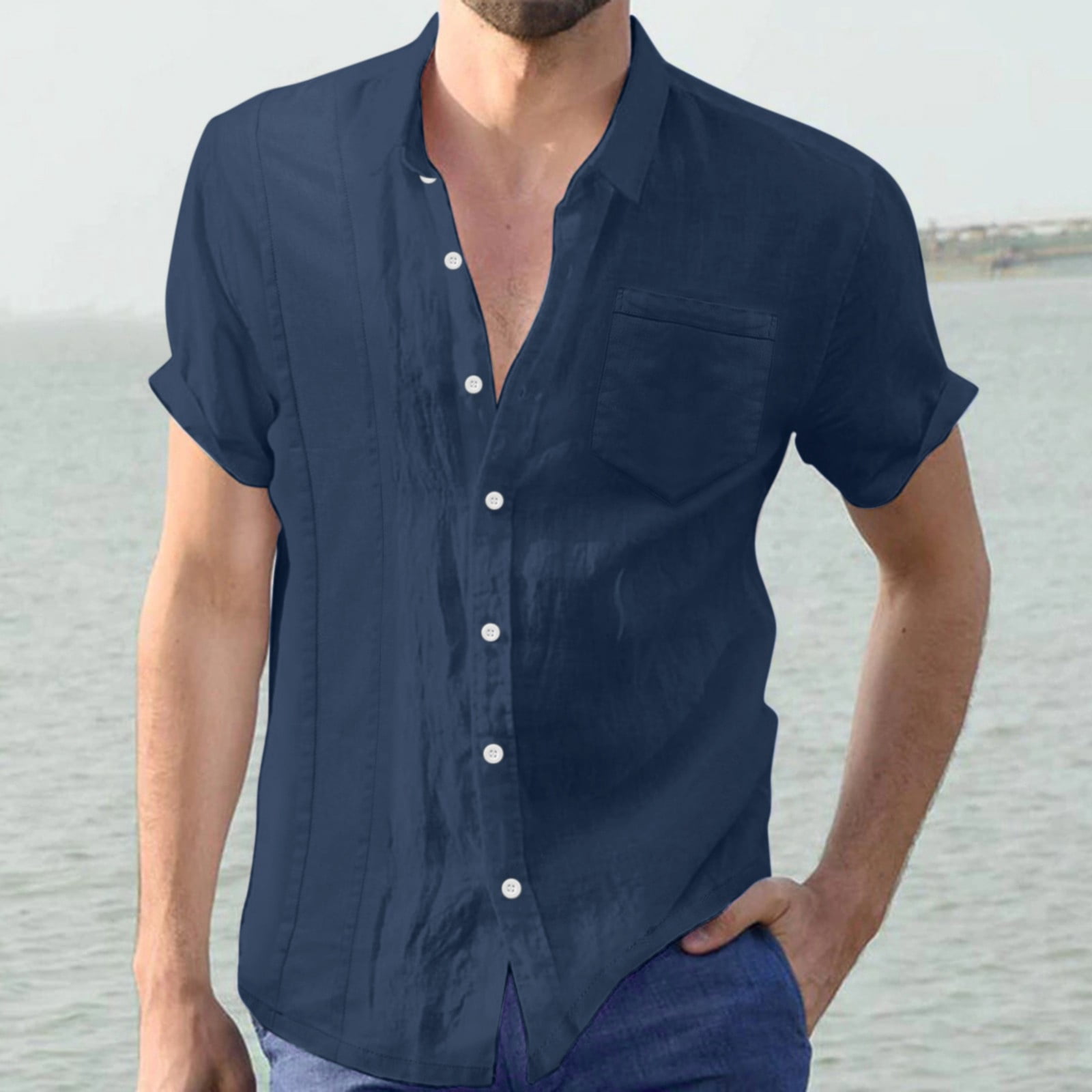 Fgnfyis Male Turndown Collar Short Sleeved Cotton Linen Summer Shirt ...