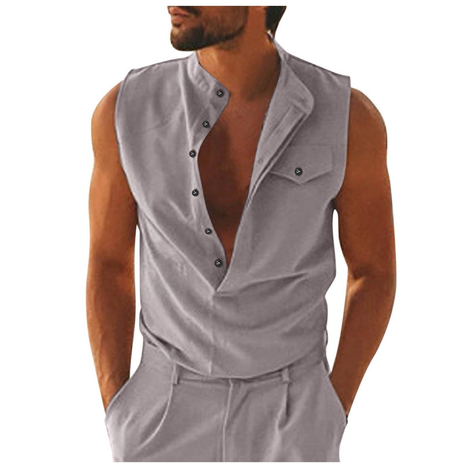 Fgnfyis Men's Casual Summer Tank Top Button Down Round Neck Solid Shirt ...