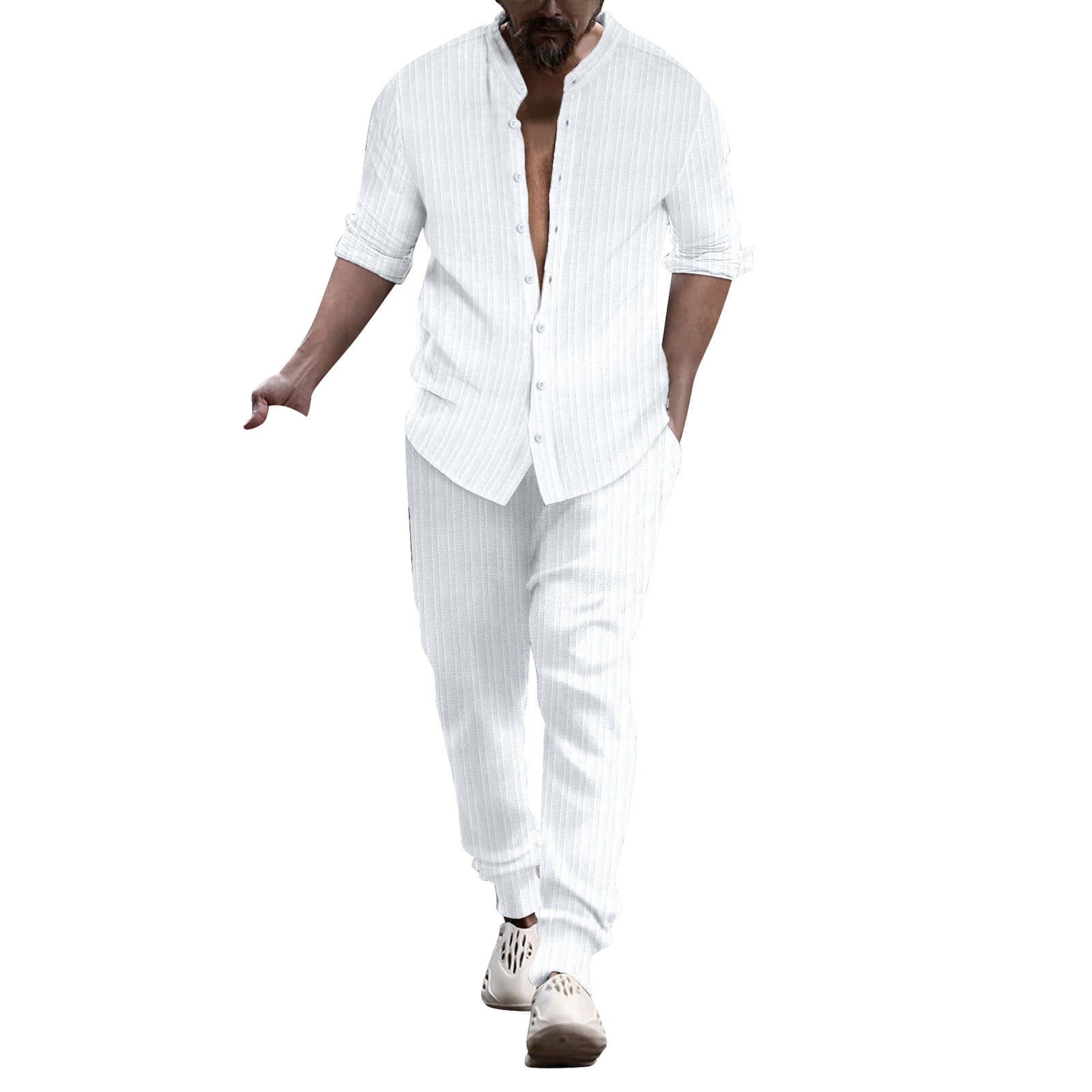 Fgnfyis Men's Linen Shirt Sets Outfits 2 Pieces Henley Shirts Long ...