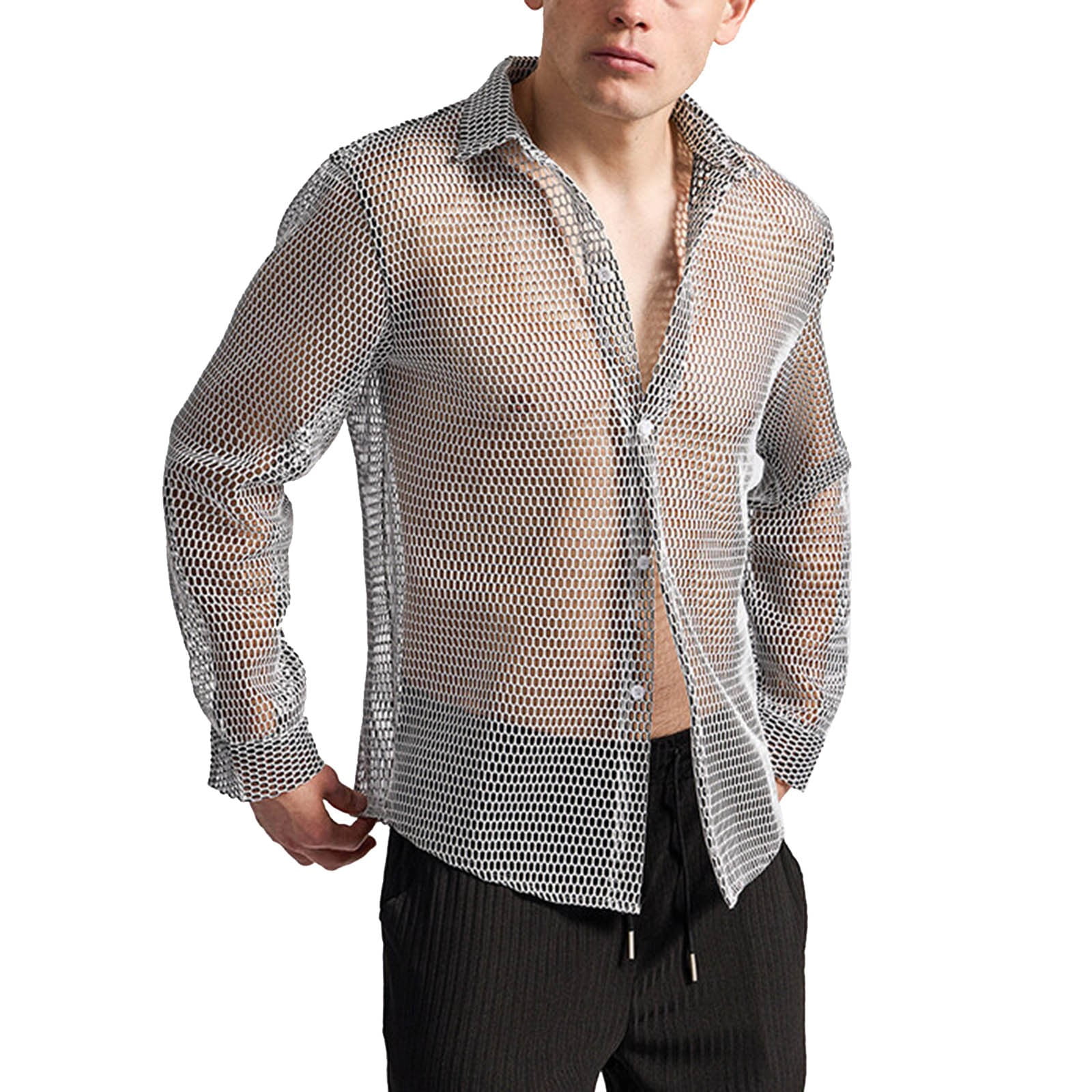 Fgnfyis Men's Summer Linen Shirt Breathable Openwork Casual Shirt for ...
