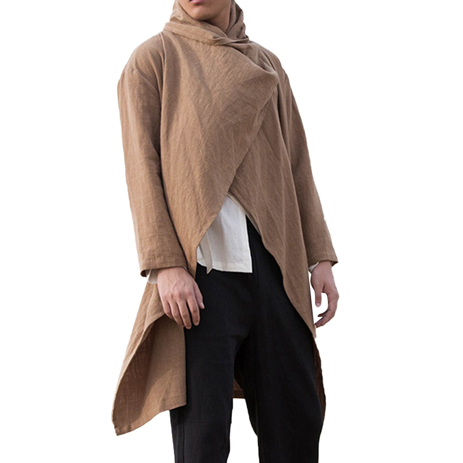 Fgnfyis Mens Jacket Linen Cape Long Irregular Cloak Long Sleeve Coat ...