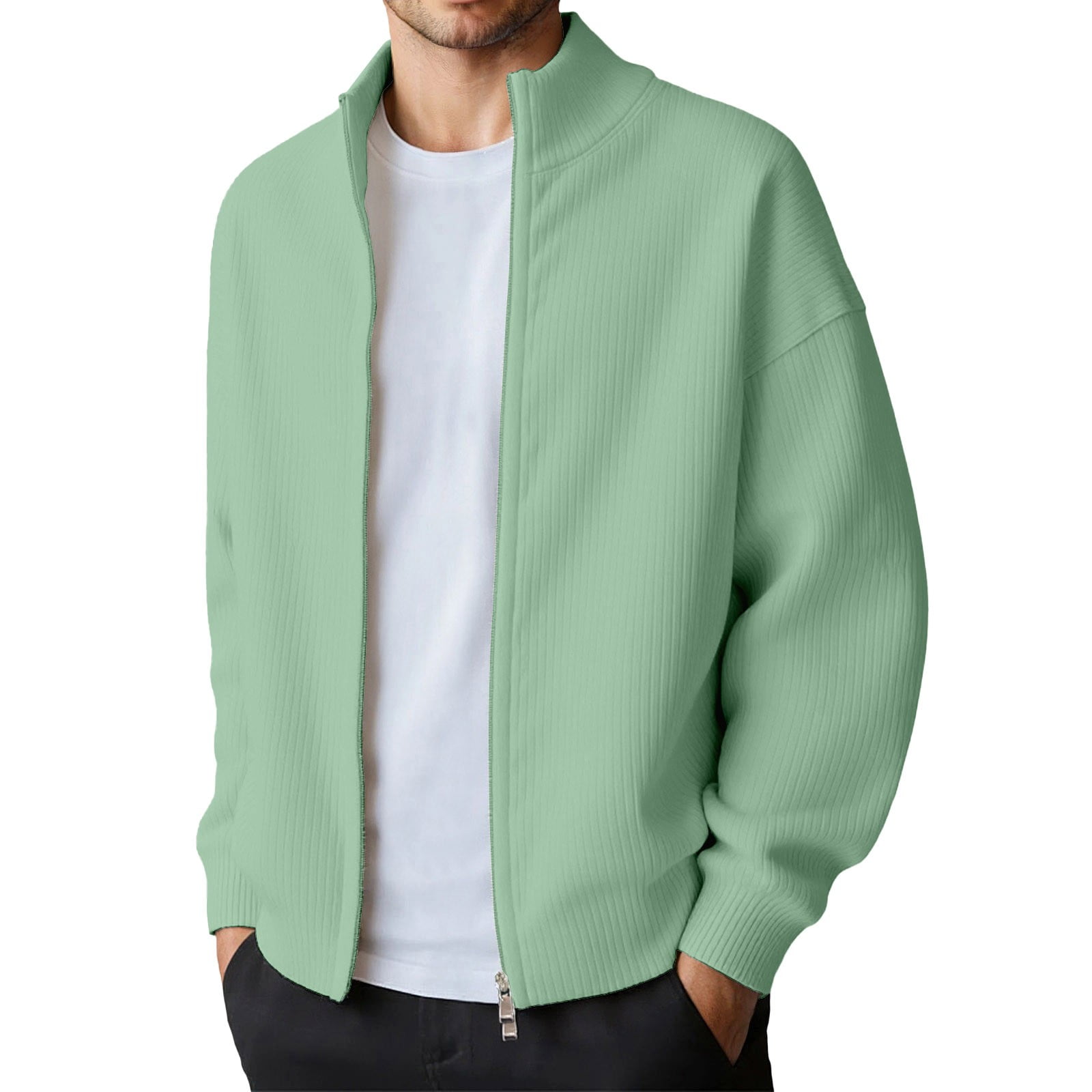 Fgnfyis Mens Winter Jacket Winter Solid Color Rib Knit Double Zipper ...