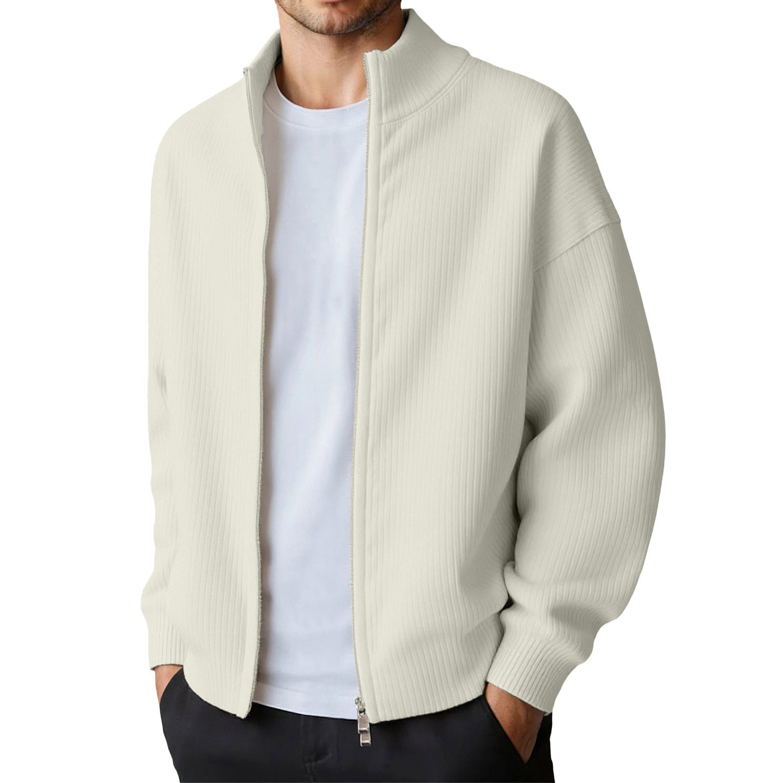 Fgnfyis Mens Winter Jacket Winter Solid Color Rib Knit Double Zipper ...