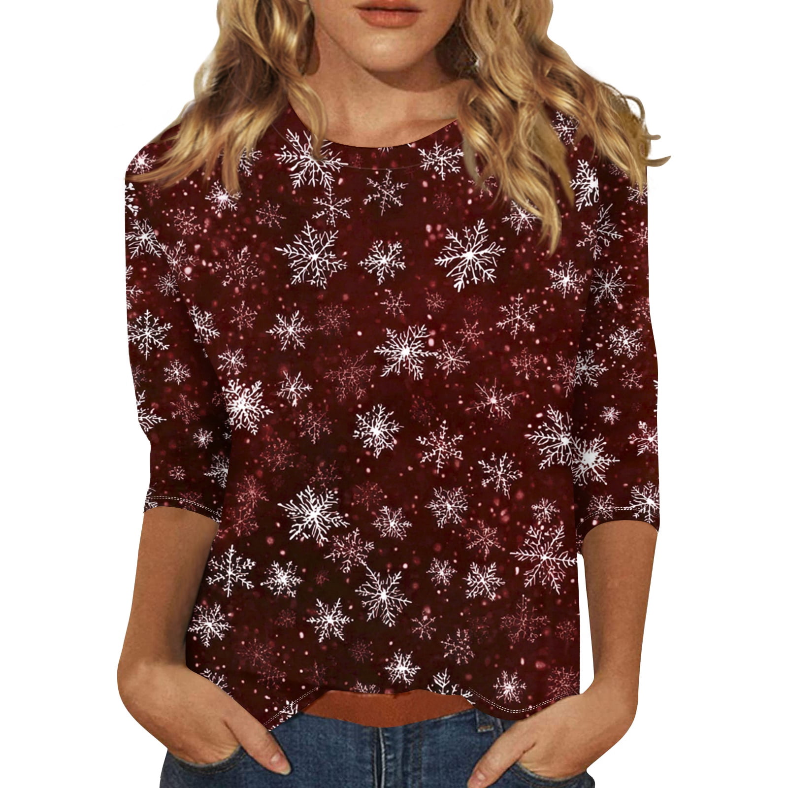 Fgvctg Christmas Tops for Women 2025 Dressy Casual 3/4 Sleeve Round ...