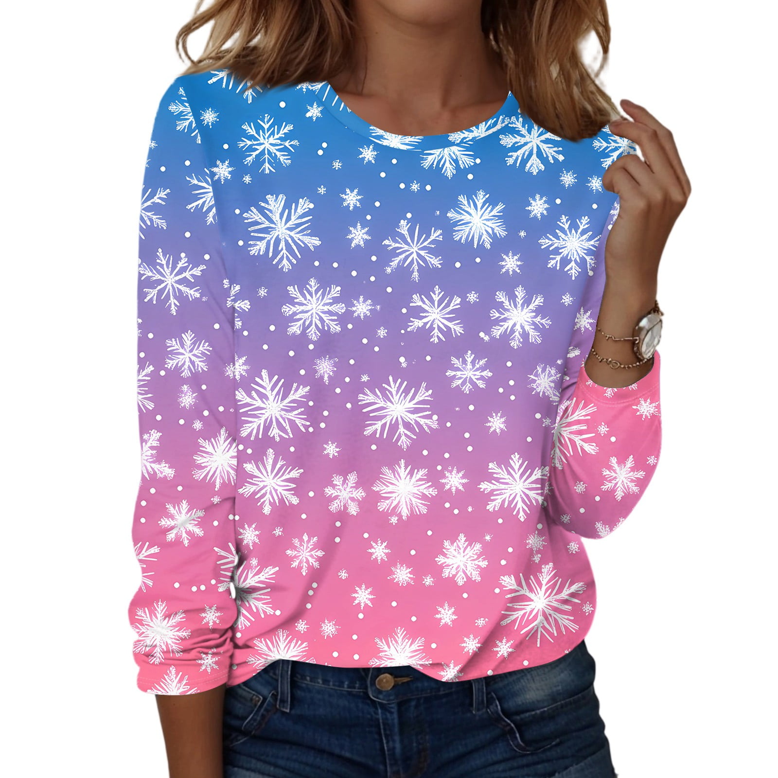 Fgvctg Christmas Tops for Women Dressy Casual Long Sleeve Round Neck ...