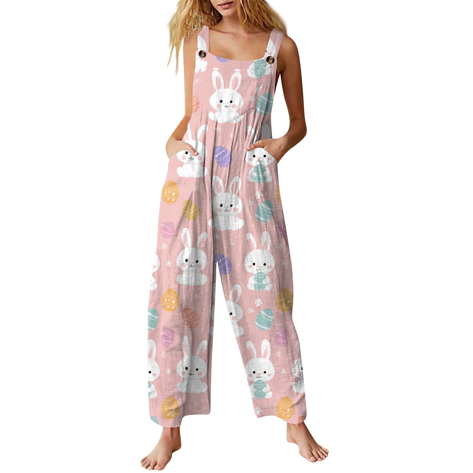 Fgvctg Easter Womens Overalls Wide Leg Pant Easter Eggs Spaghetti ...