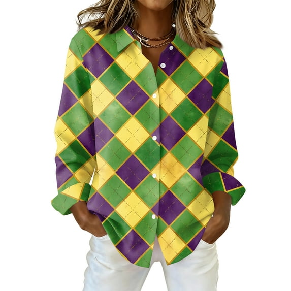 Fgvctg Mardi Gras Button Down Shirt for Women Carnival Party Long ...