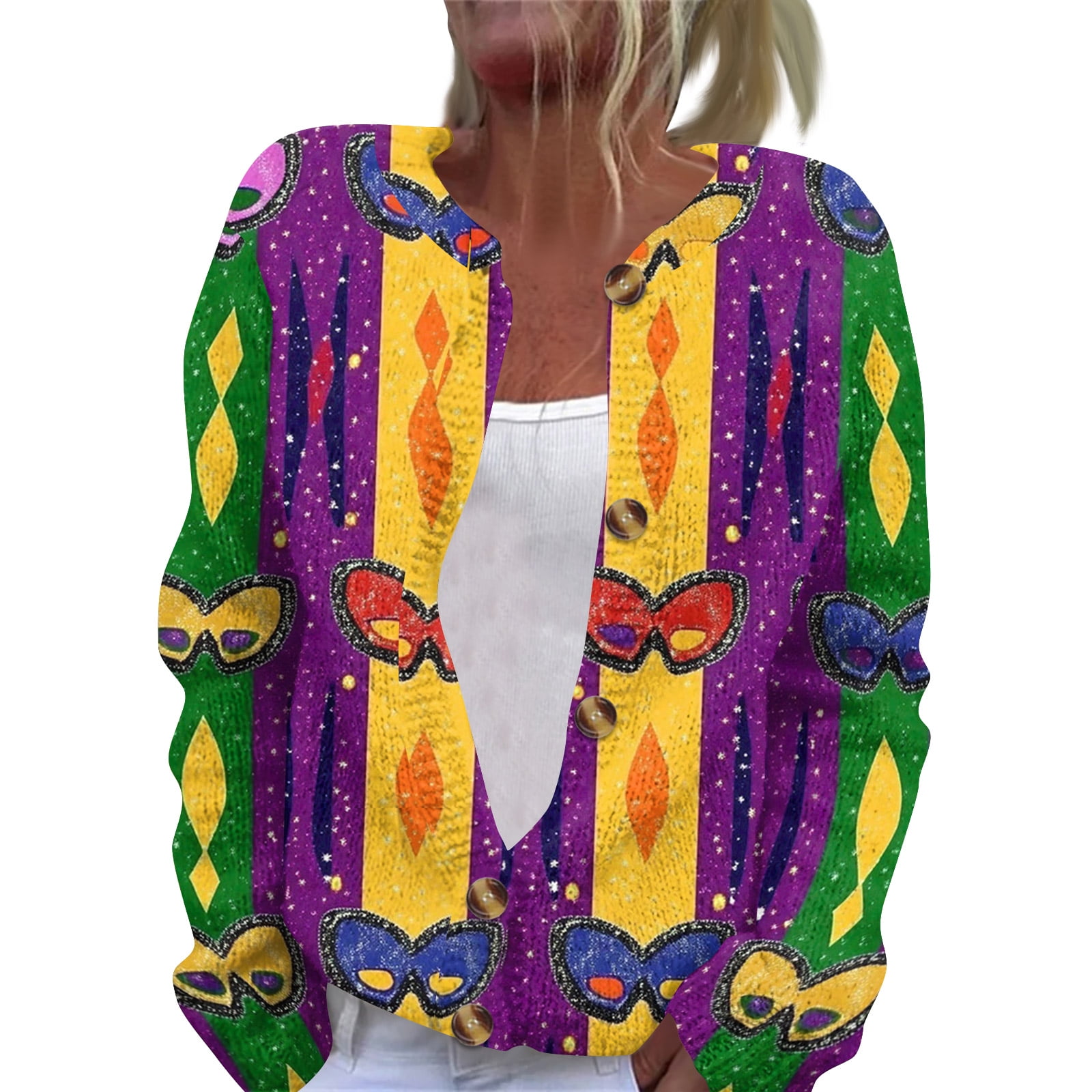 Fgvctg Mardi Gras Cardigan Sweaters for Women Carnival Party Open Front ...