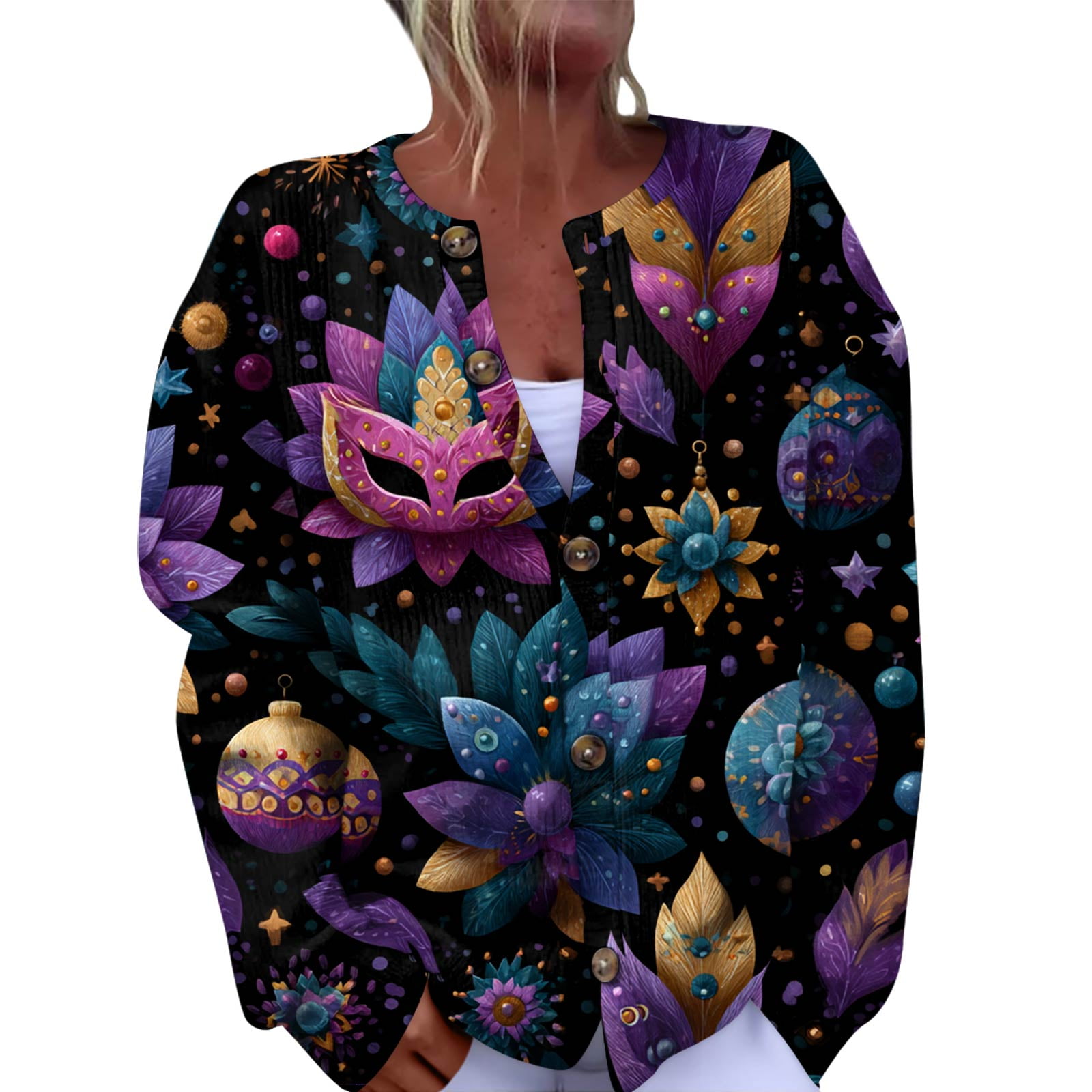 Fgvctg Mardi Gras Cardigan Sweaters for Women Cozy Carnival Party Open ...