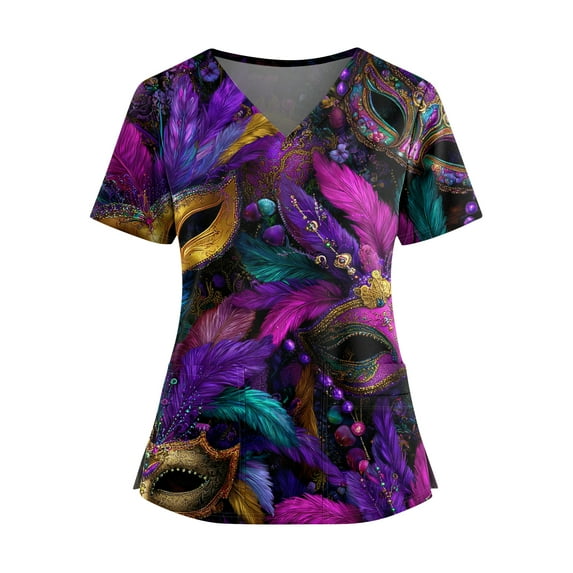 Fgvctg Mardi Gras Scrub Tops for Women Funny V Neck Short Sleeve Scrub ...