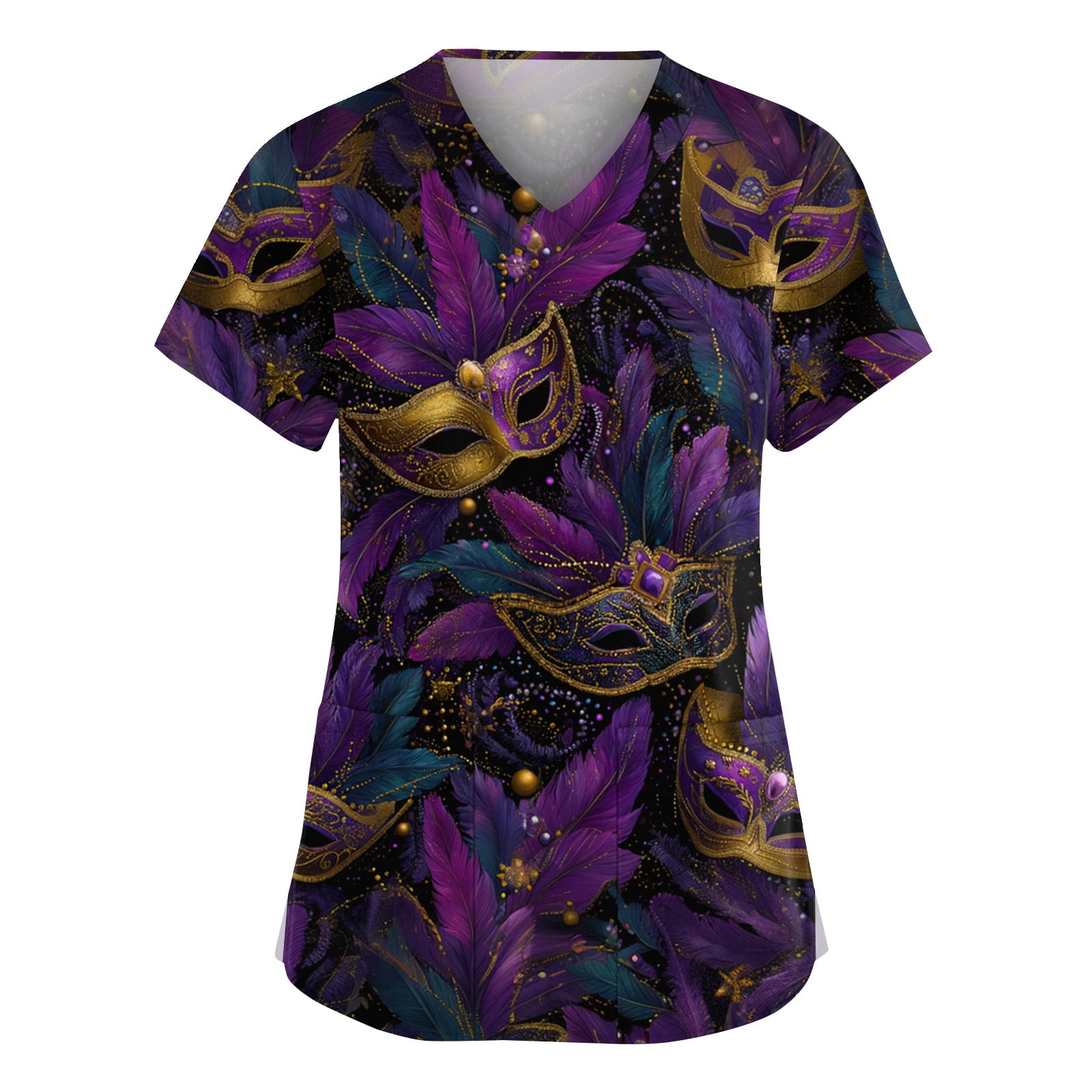 Fgvctg Mardi Gras Scrub Tops Women Novelty V Neck Short Sleeve Scrubs ...